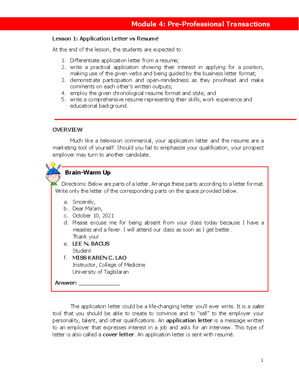 Module-4 - Technical Writing - Lesson 1: Application Letter vs ResumÈ ...
