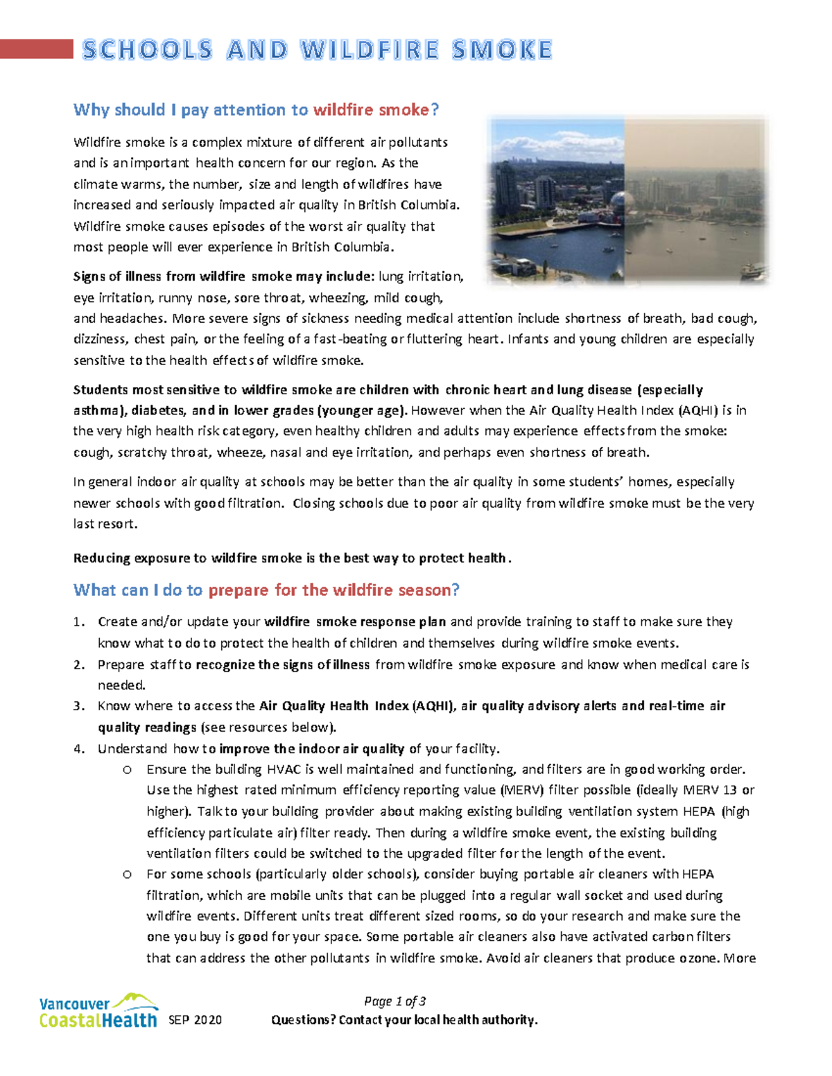 Factsheet - Schools and Wildfire Smoke - SEP 2020 - Page 1 of 3 SEP 2020 Questions? Contact your ...