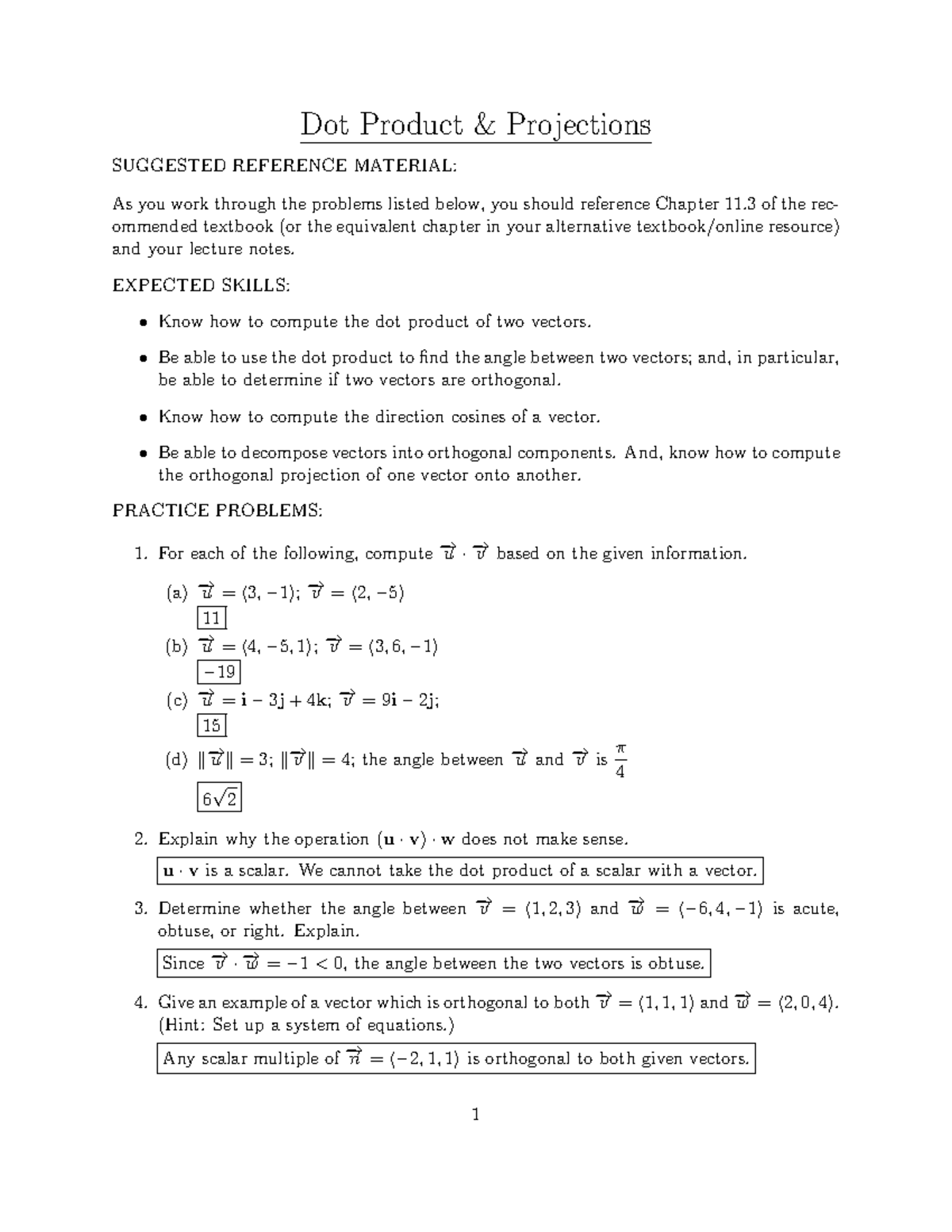 Homework 11 - Dot Product & Projections SUGGESTED REFERENCE MATERIAL ...