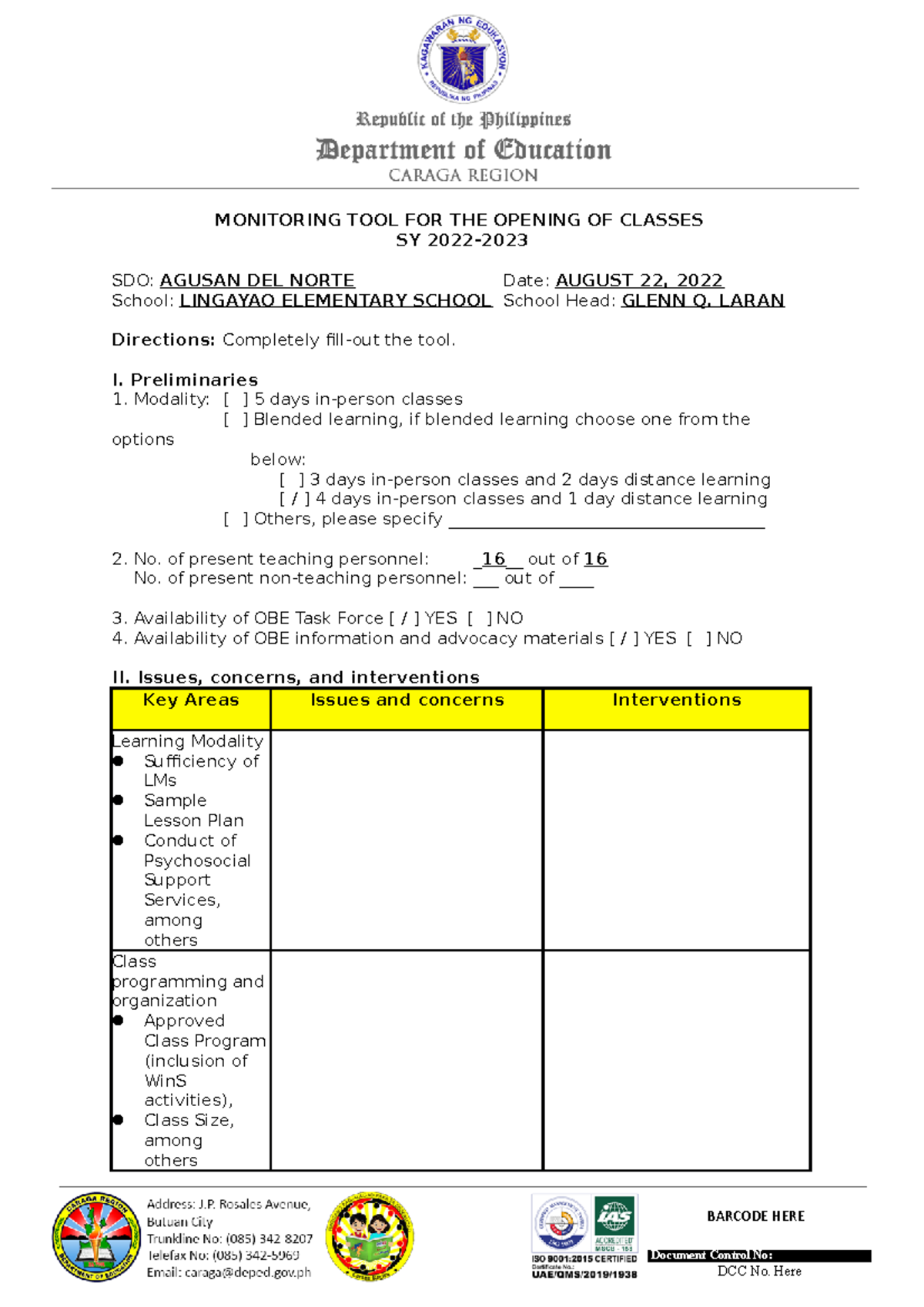 2022 OBE Monitoring - Tool - DCC No. Here Document Control No ...
