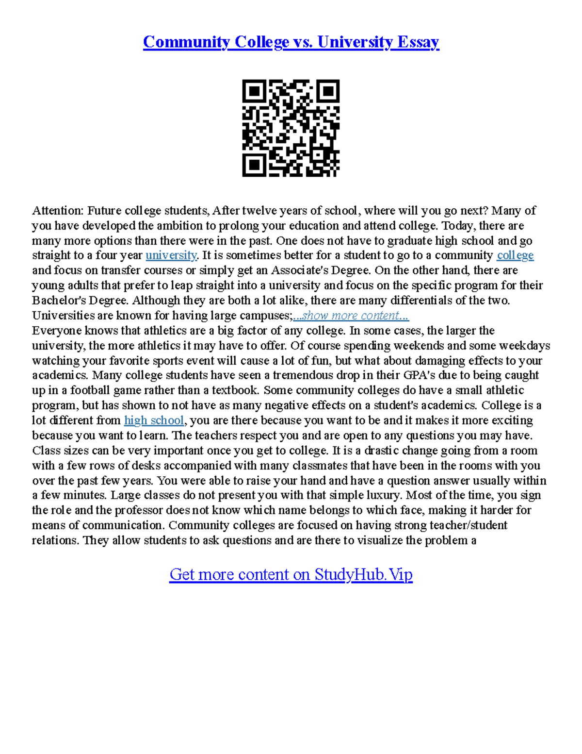 Compare And Contrast College Essay Examples - Community College vs ...