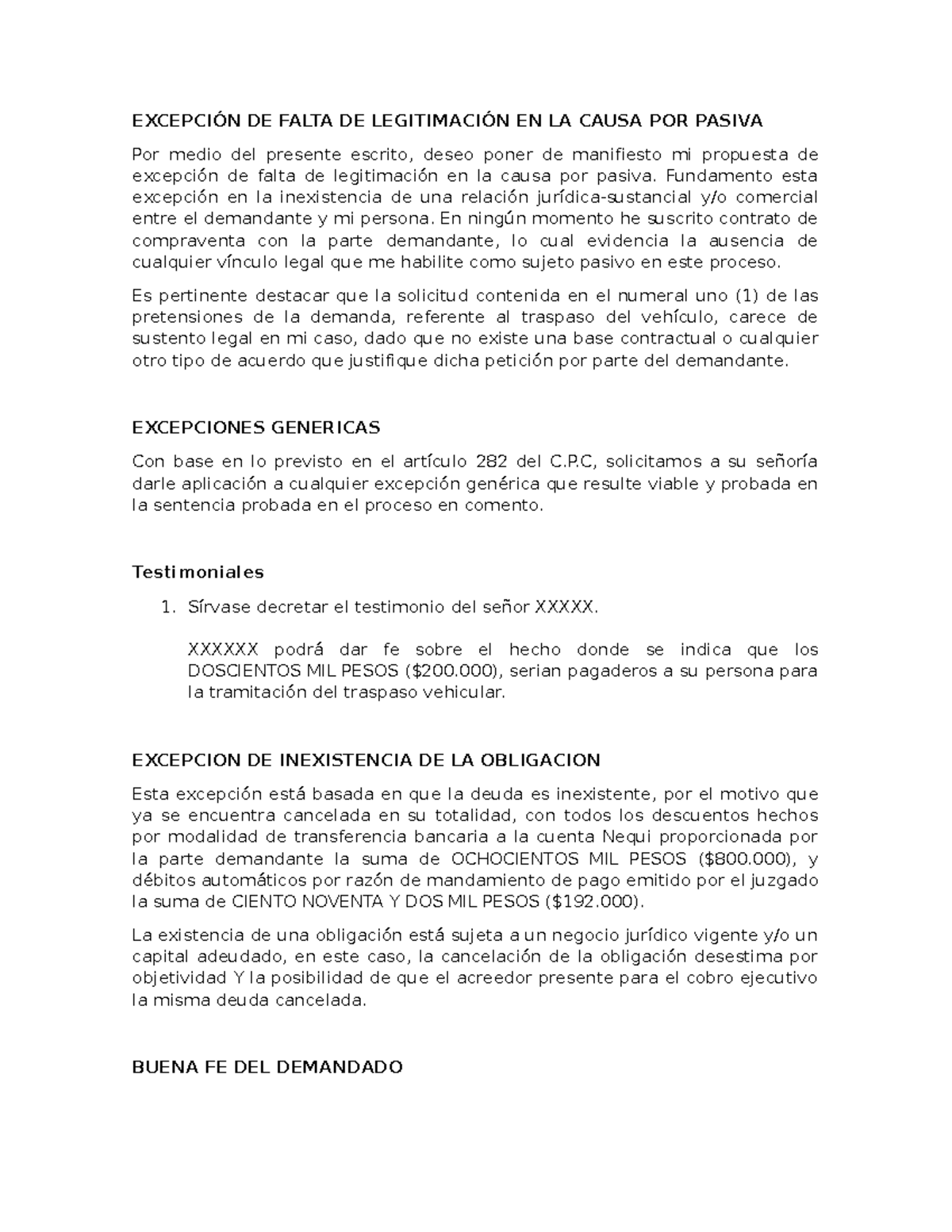 Excepción De Falta De Legitimación En La Causa Por Pasiva ExcepciÓn
