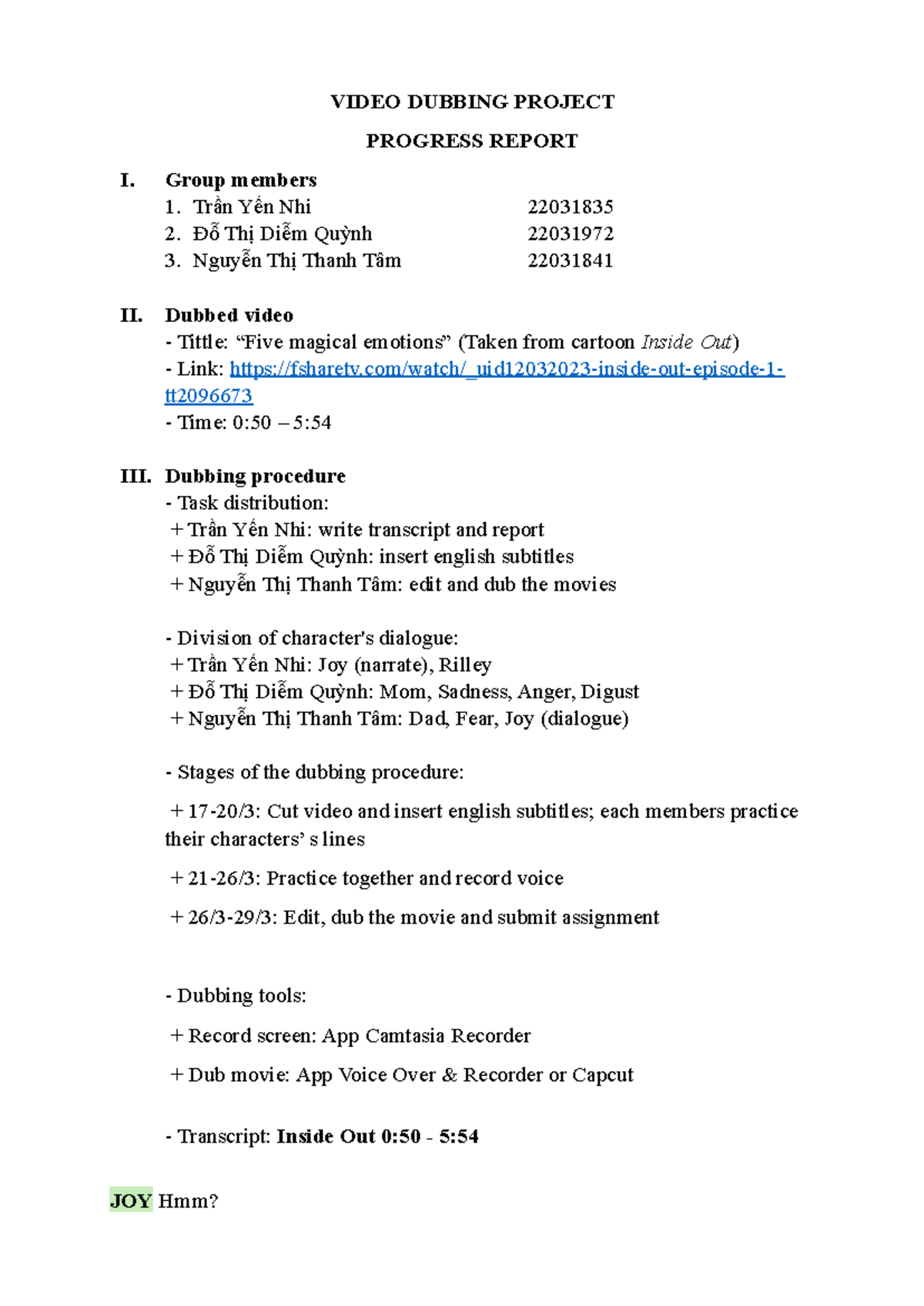 Progress Report - bbbbbbbbbbbbbbbbbbbbbbb - VIDEO DUBBING PROJECT ...