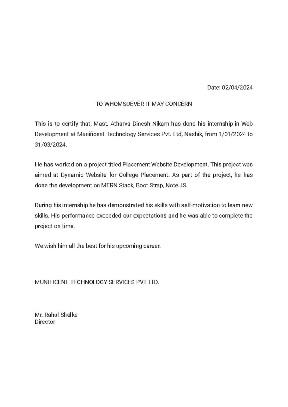 Certificate - Gives valuable insights - Date: 02/04/ TO WHOMSOEVER IT ...