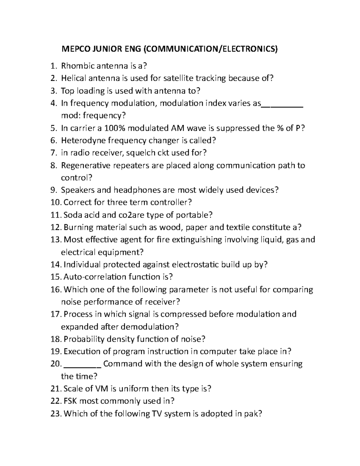 Mepco - Electrical Engineering Test - MEPCO JUNIOR ENG (COMMUNICATION ...