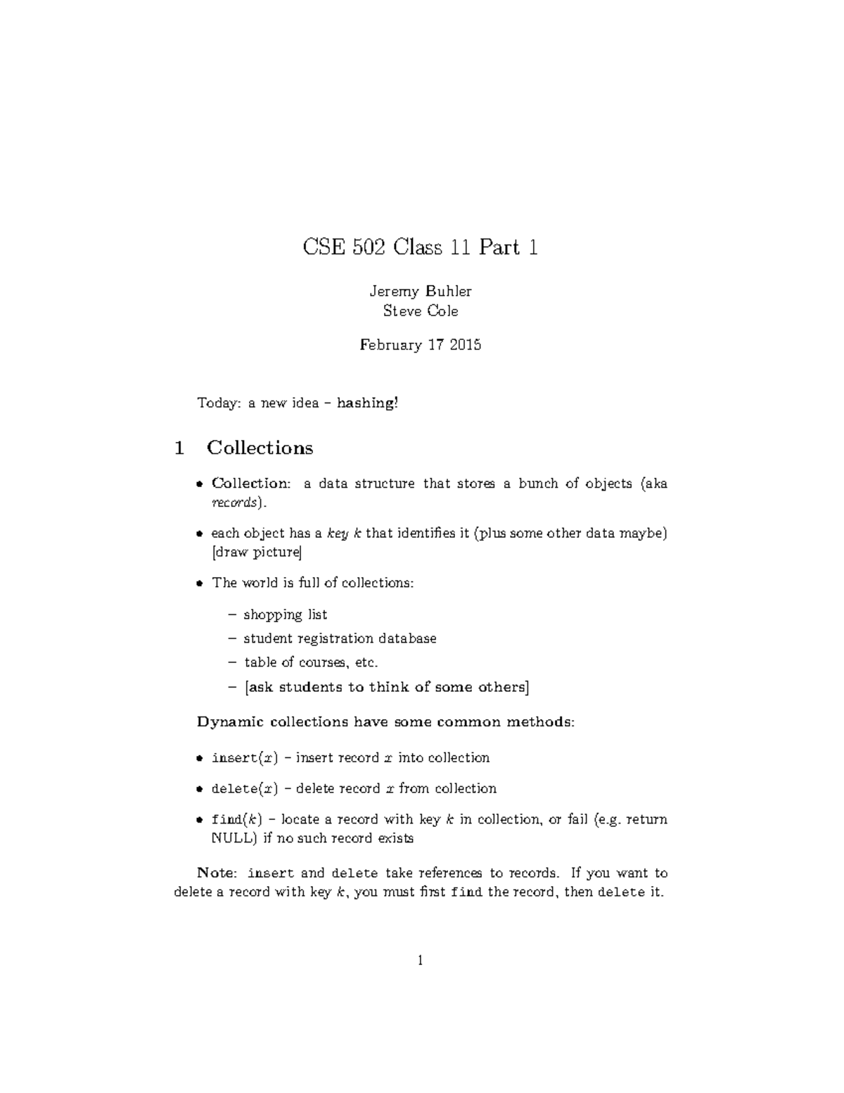 Cse502 2014 2015 Lecture Notes 11a Master Theorem Hashing Cse 502 Class 11 Part 1 Jeremy 6844