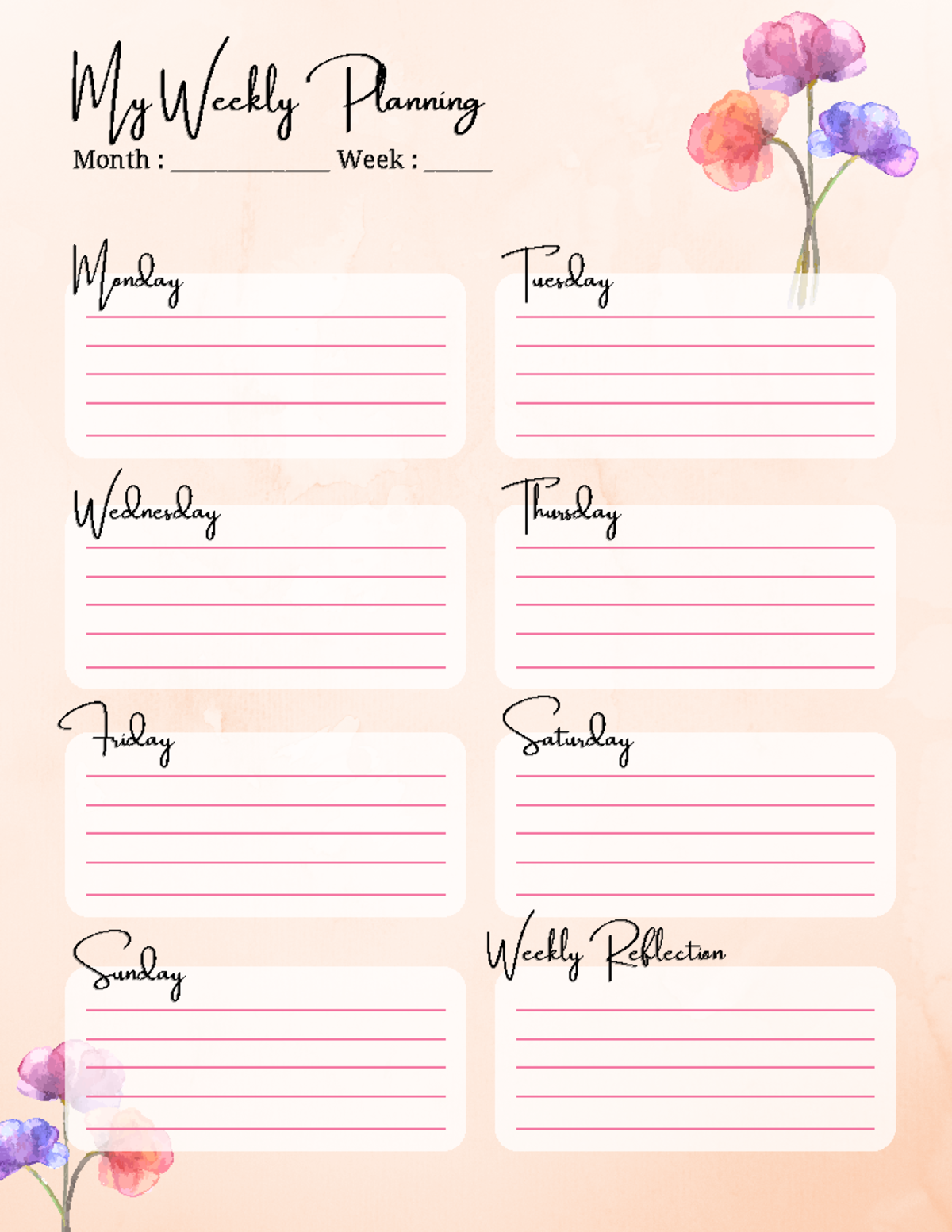 Weekly Planning Template with Watercolor Floral - Month ...