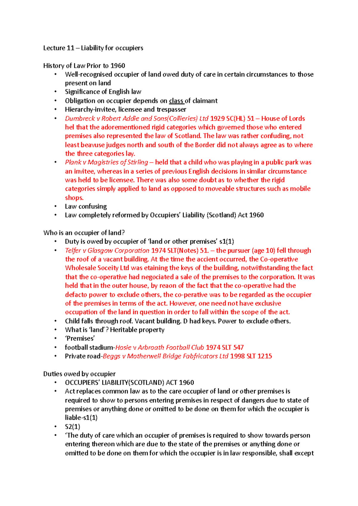 Liability for occupiers - Lecture 11 – Liability for occupiers History ...
