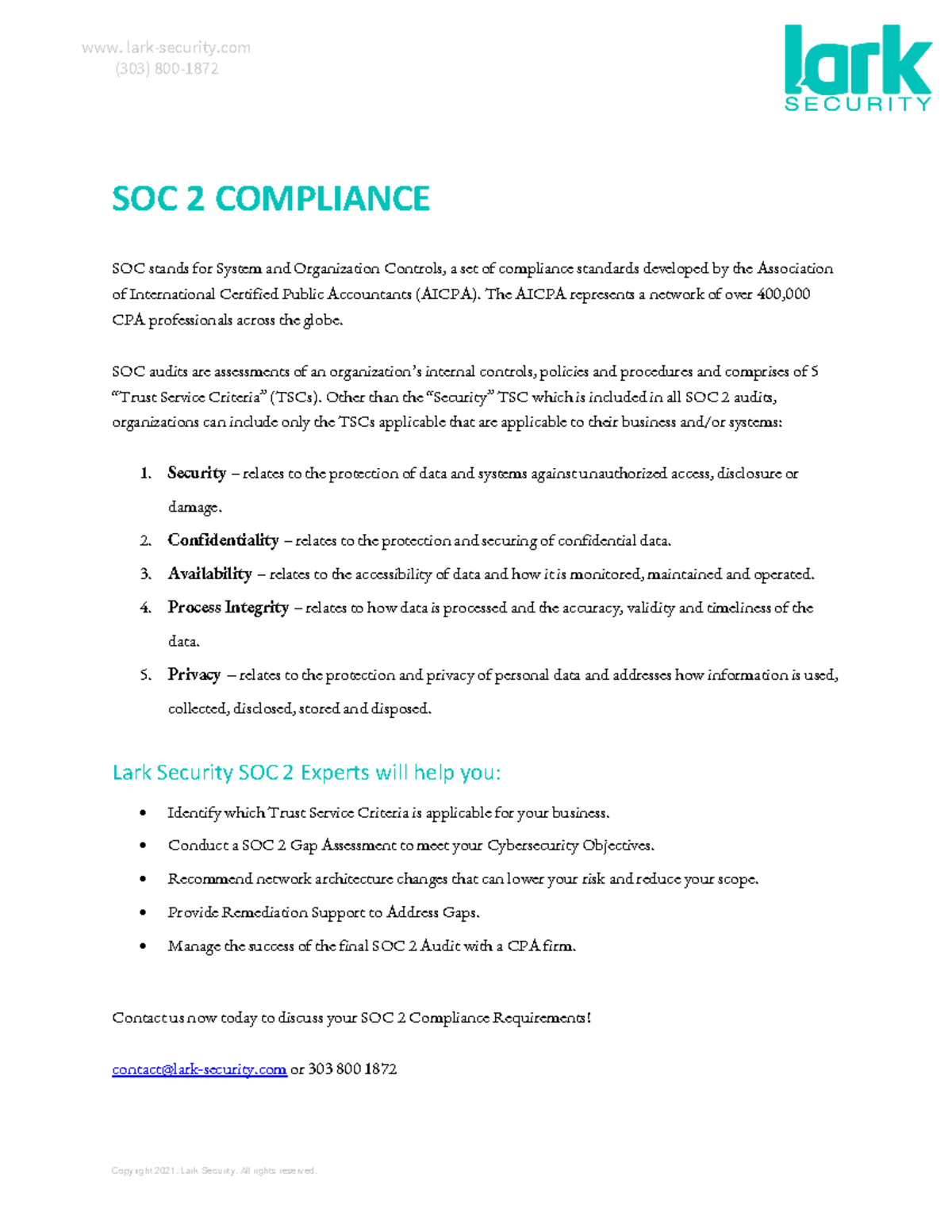 SOC 2 Compliance Checklist - http://www. lark-security (303) 800 ...