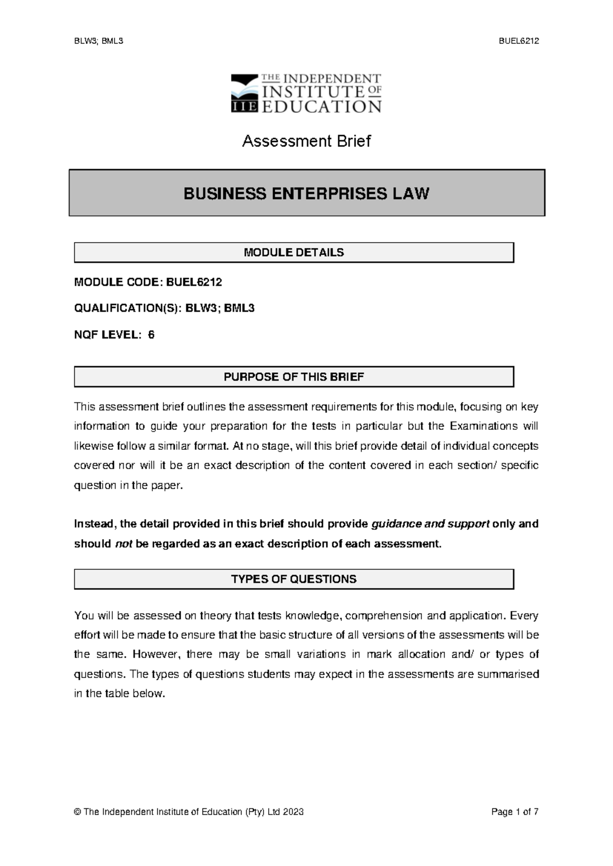 BUEL6212 IIE 2023 Assessment brief 2 - Assessment Brief BUSINESS ENTERPRISES LAW MODULE DETAILS ...