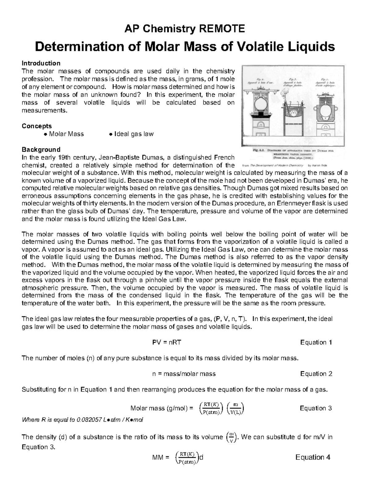 Molarmassofvolatileliquids Remote - AP Chemistry REMOTE Determination ...
