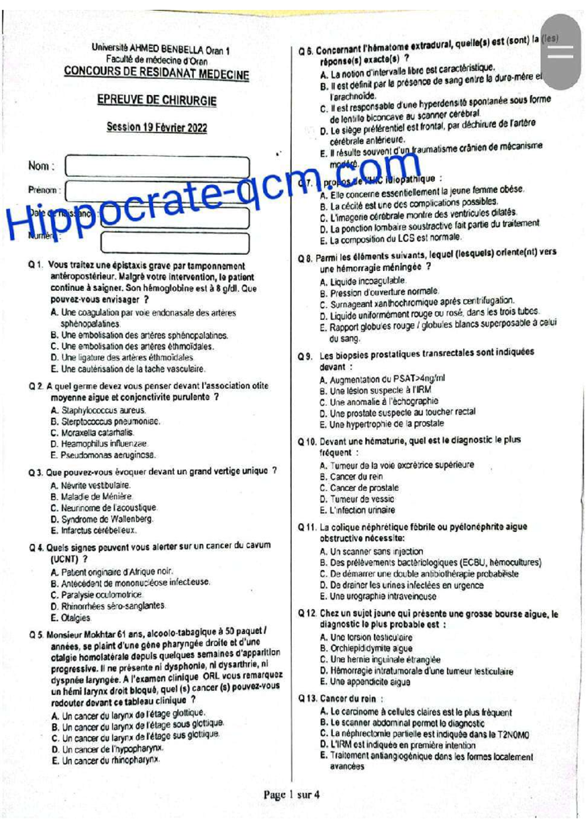 Résidanat oran 2022 - médecine - Studocu