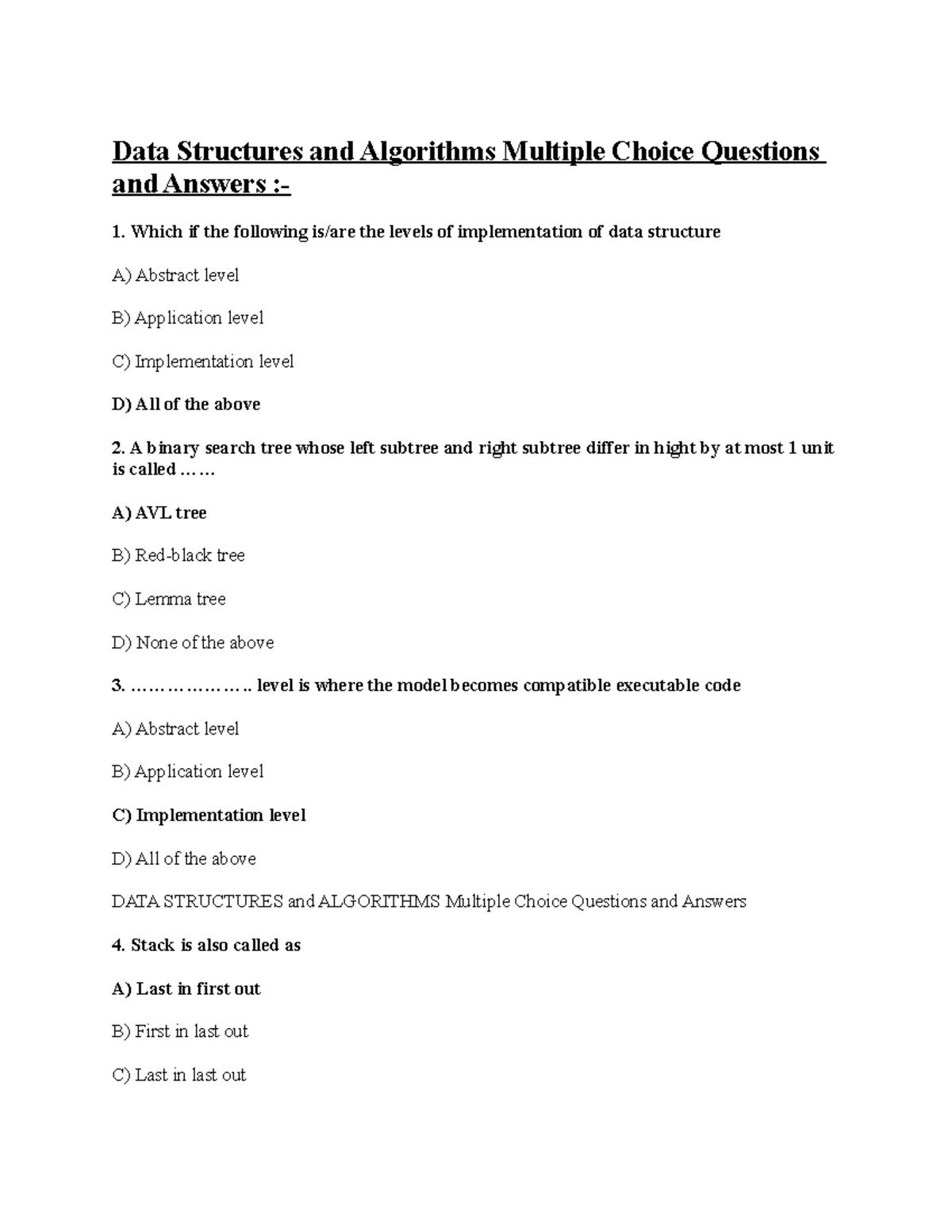 DS Question Bank - Data Structures and Algorithms Multiple Choice ...