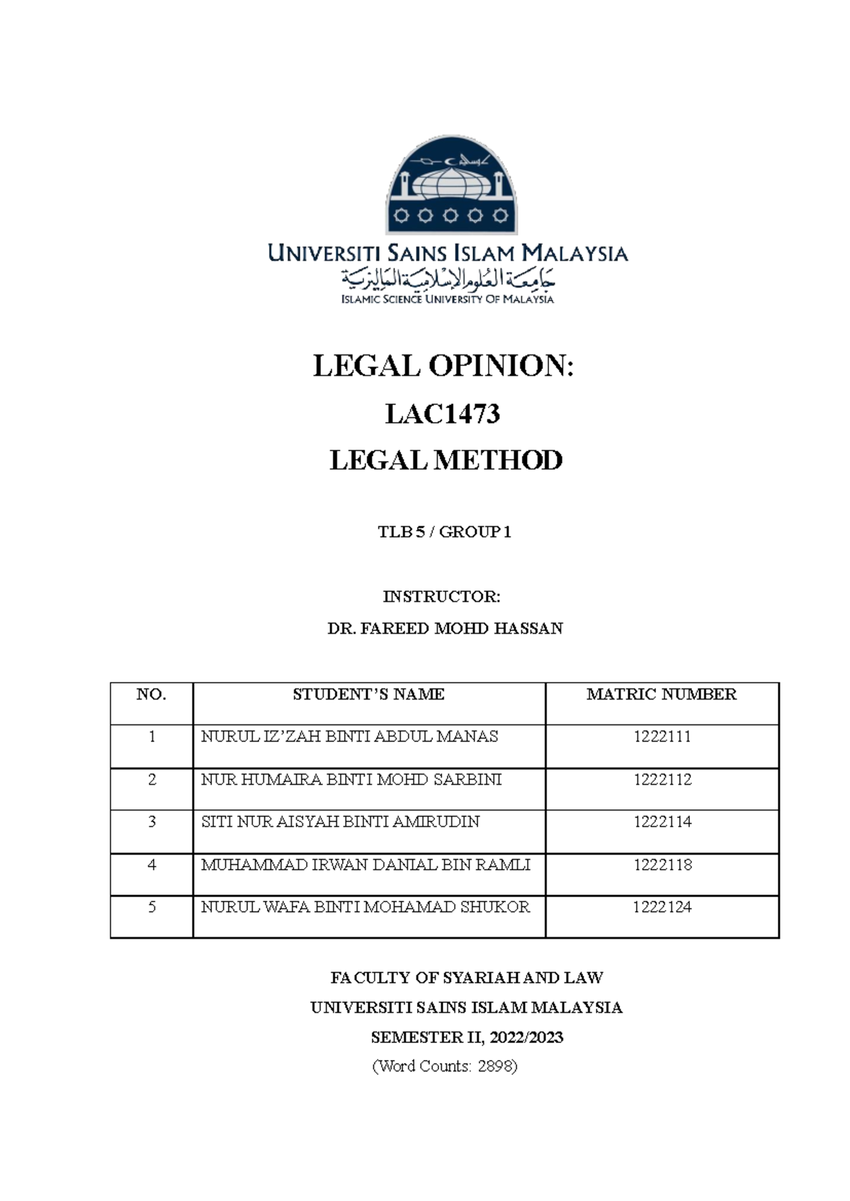 TLB 5 Group 1 - LEGAL OPINION: LAC LEGAL METHOD TLB 5 / GROUP 1 ...