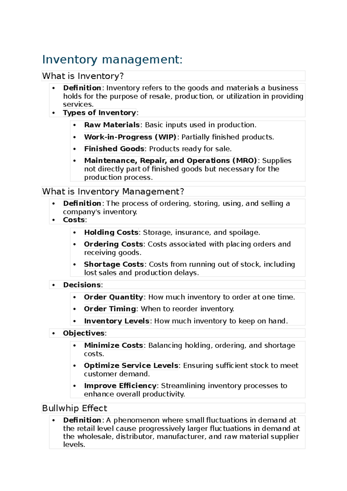 OM Semester 1 notes - Inventory management: What is Inventory ...