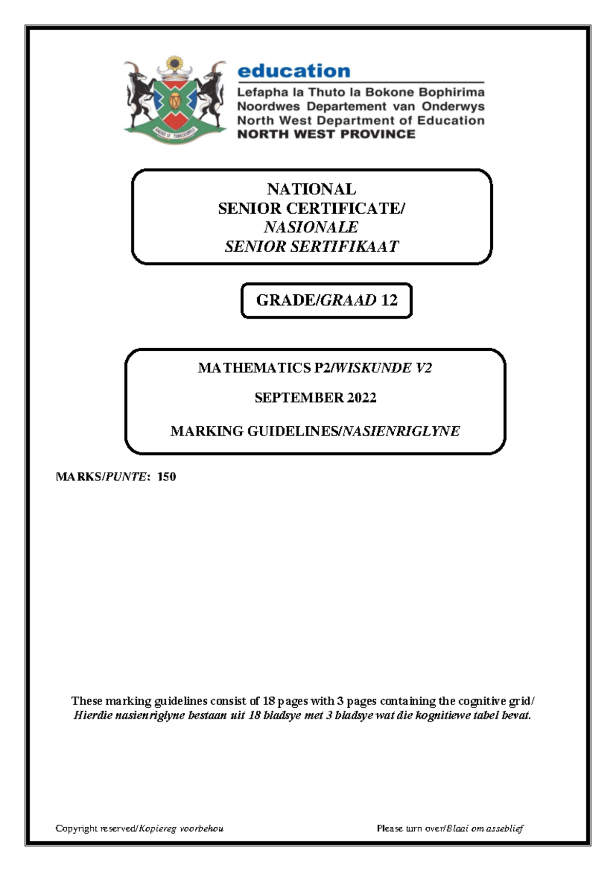 GR 12 Maths NW Sep 2022 P2 Memo AFR&ENG - MARKS/PUNTE: 150 These ...
