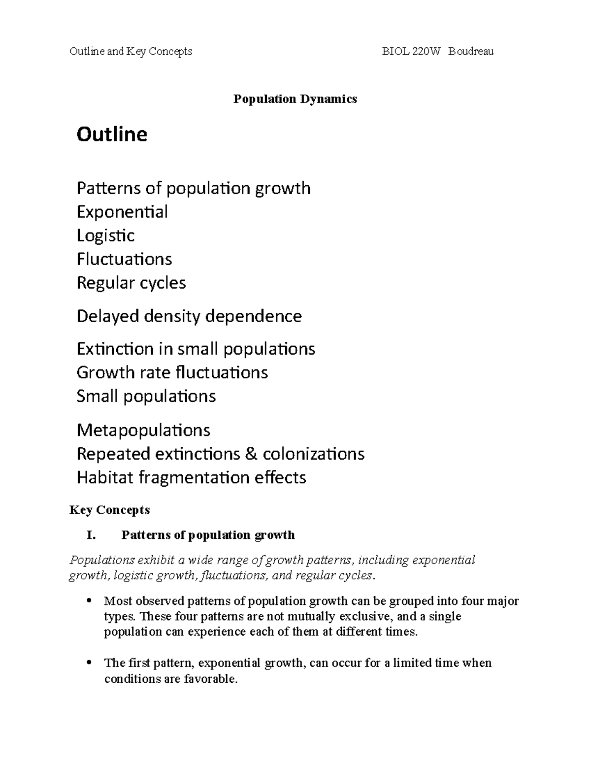 Population Dynamics Key Concept - Outline and Key Concepts BIOL 220W ...