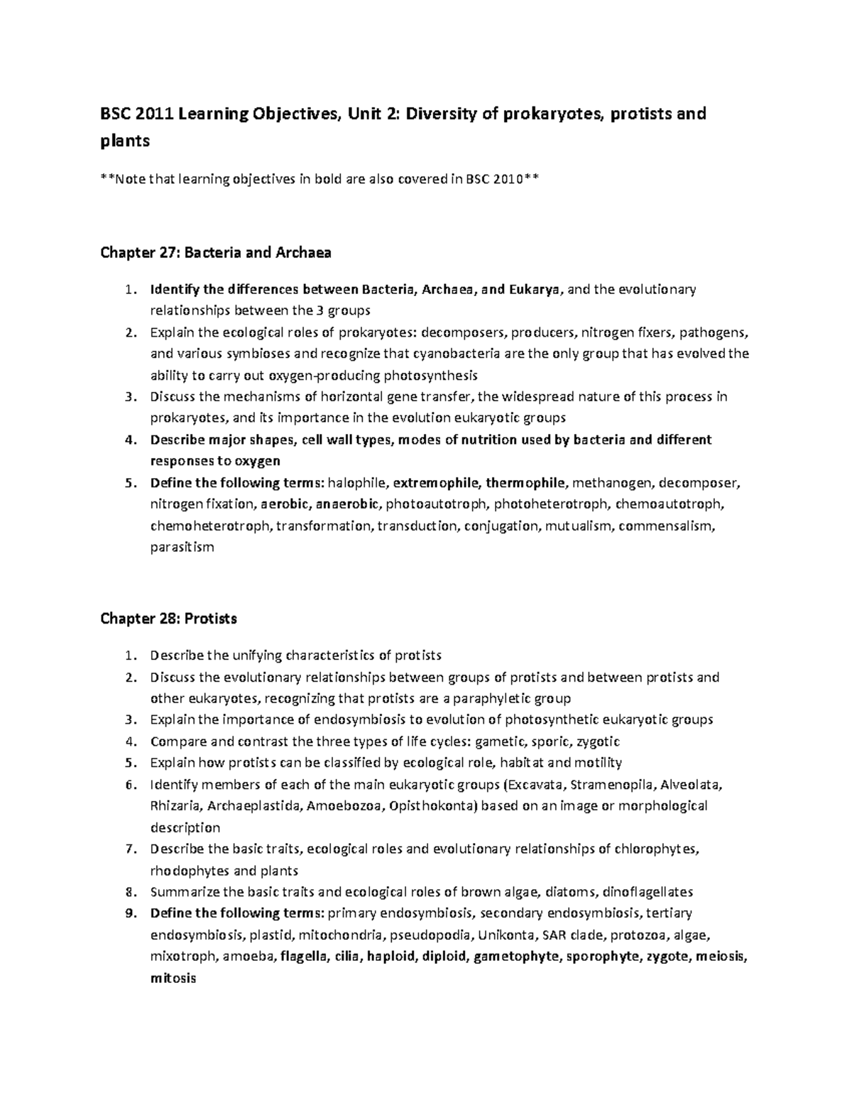 BSC 2011 Learning Objectives unit 2 - BSC 2011 Learning Objectives, Unit 2: Diversity of - Studocu