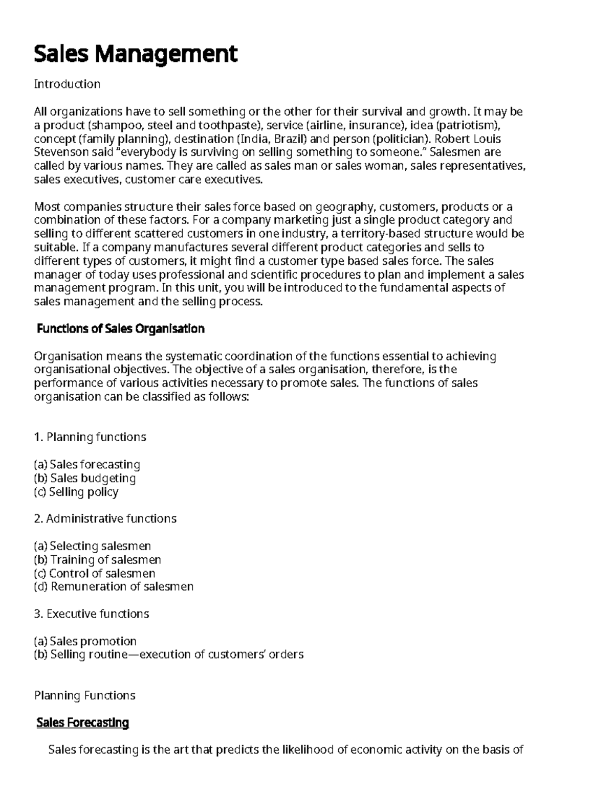 Sales Management - Lecture notes prepared by Alex sir - Sales ...