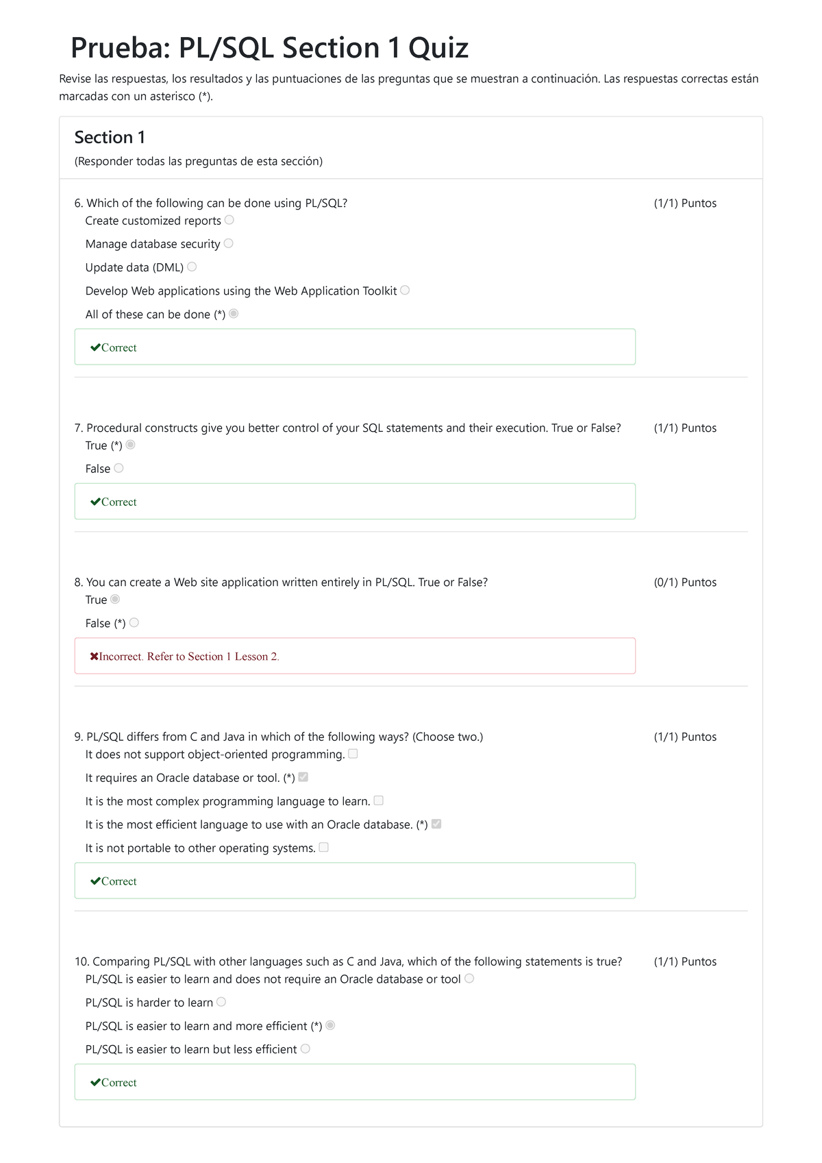 Prueba de la sección 1 de PL SQL 2 - Prueba: Section 1 Quiz Revise las respuestas, los ...