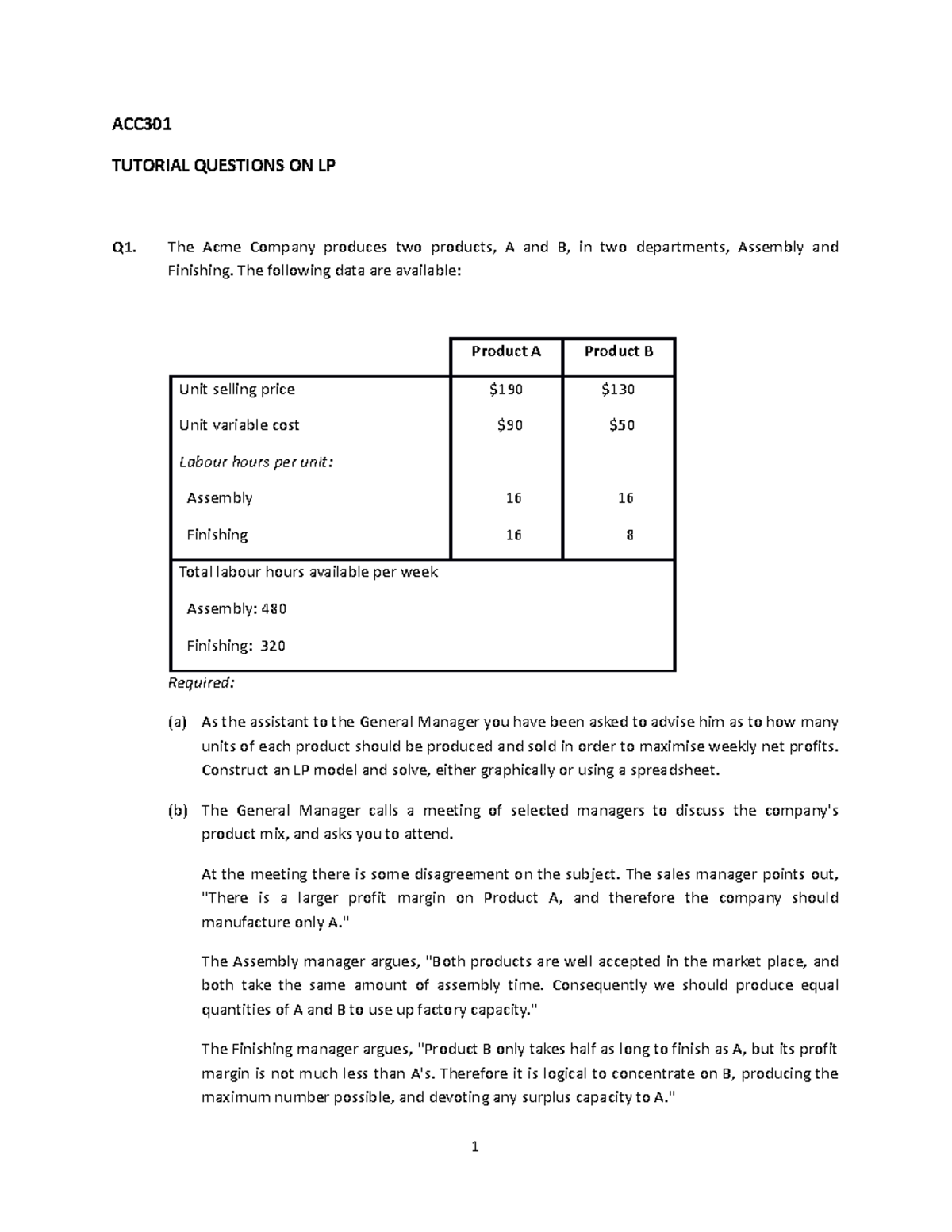 ACC301 - LP Tutorial Questions - ACC TUTORIAL QUESTIONS ON LP Q1. The Acme Company produces two ...