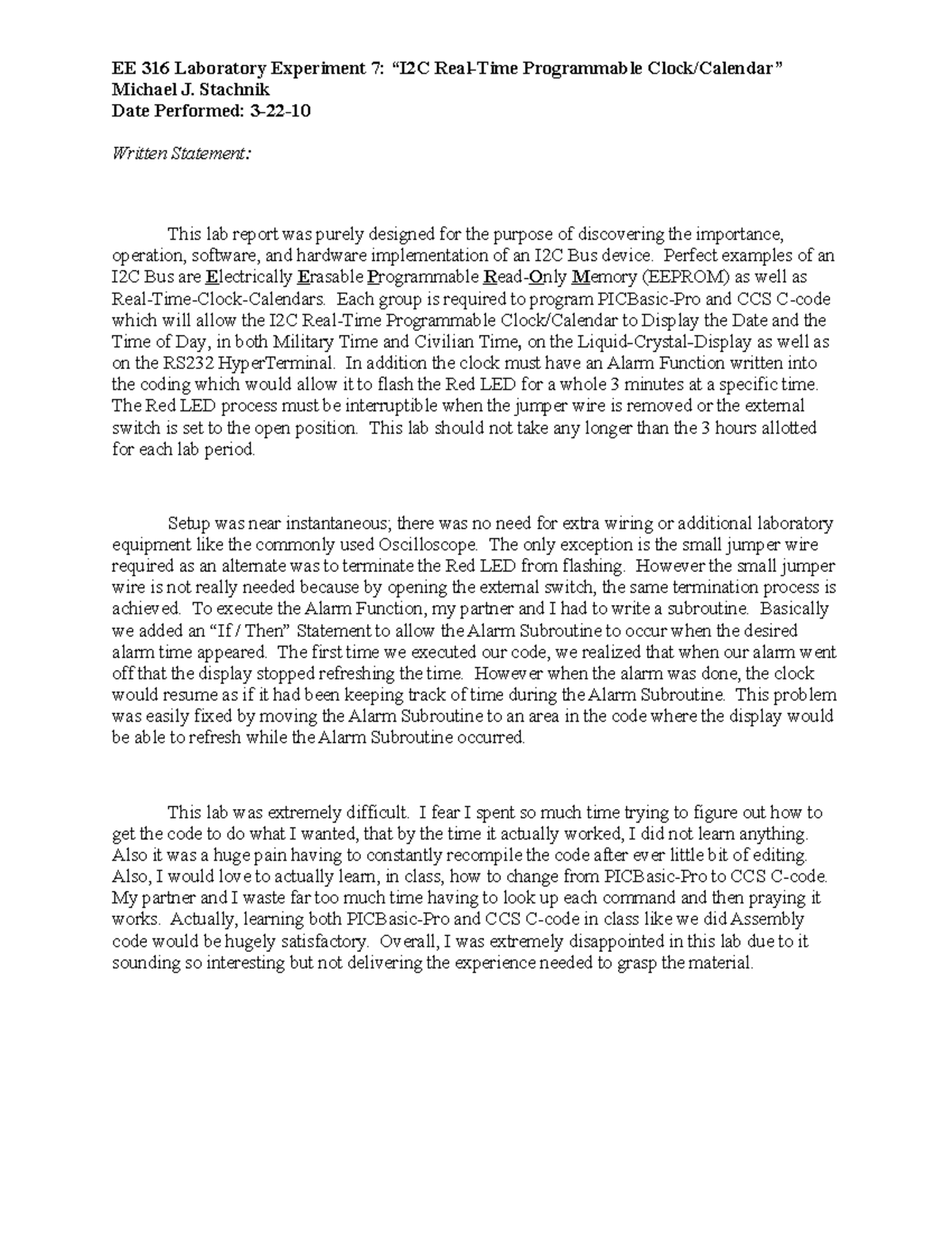 Lab 7 - Lab 7 - EE 316 Laboratory Experiment 7: “I2C Real-Time ...