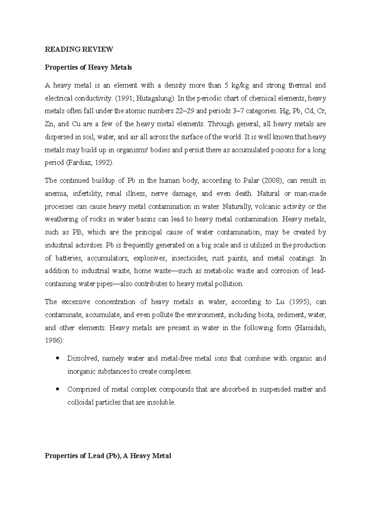 Doc 12 - example of paper. - READING REVIEW Properties of Heavy Metals ...