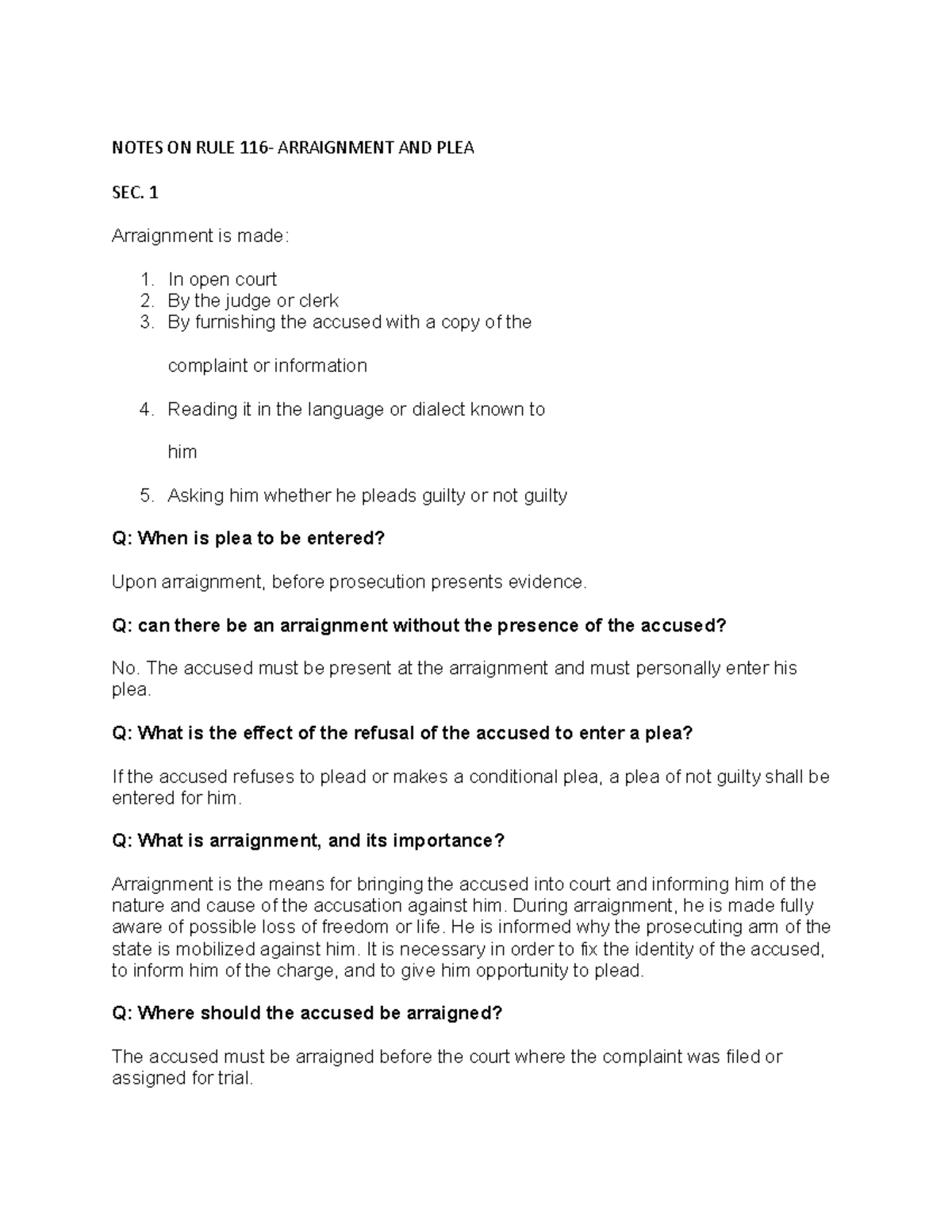 116 to 117 notes - CrimPro - NOTES ON RULE 116- ARRAIGNMENT AND PLEA ...