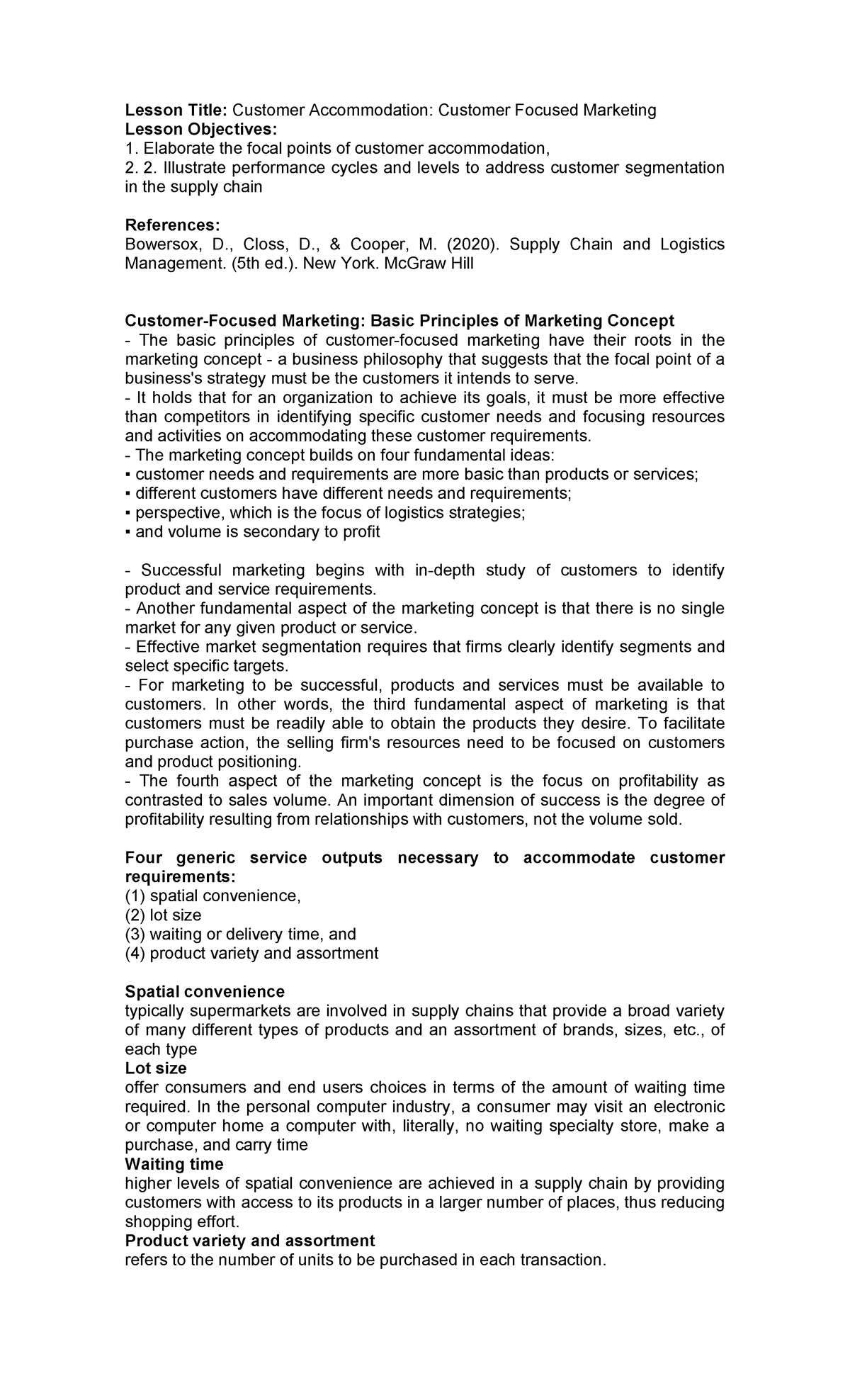 Customer Accommodation Customer - , Closs, D., & Cooper, M. (2020 ...