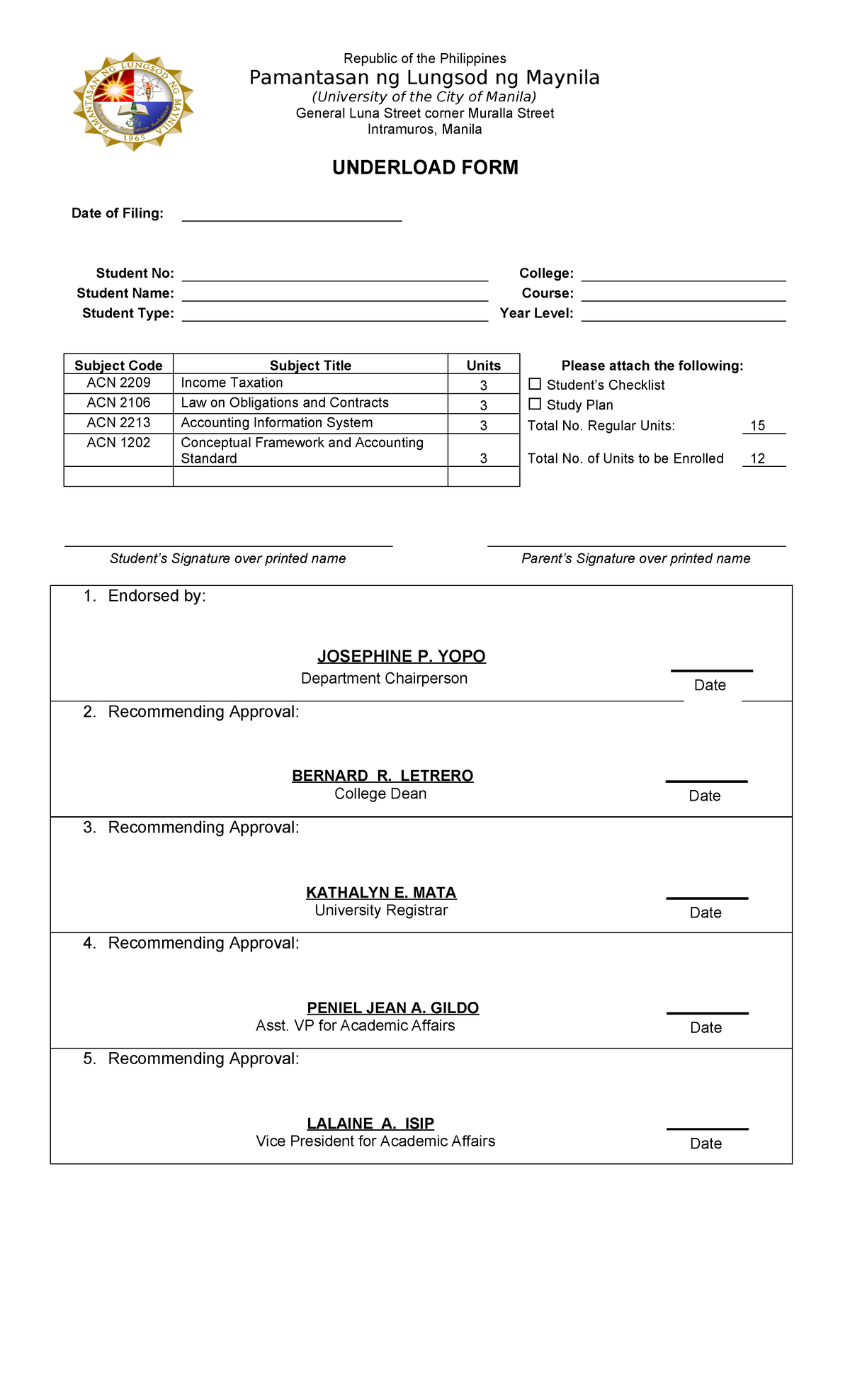 Forms for Underload - Republic of the Philippines Pamantasan ng Lungsod ng Maynila (University ...