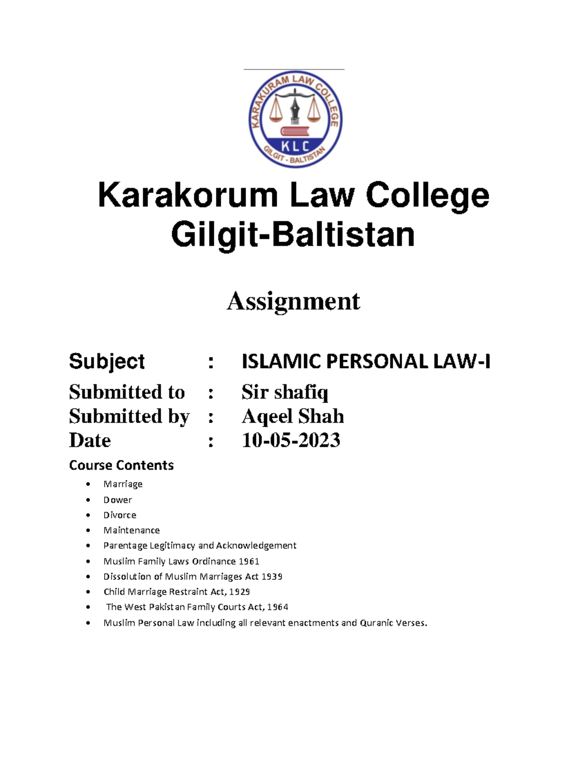 LLB 323 Islamic Personal LAW - Karakorum Law College Gilgit-Baltistan ...
