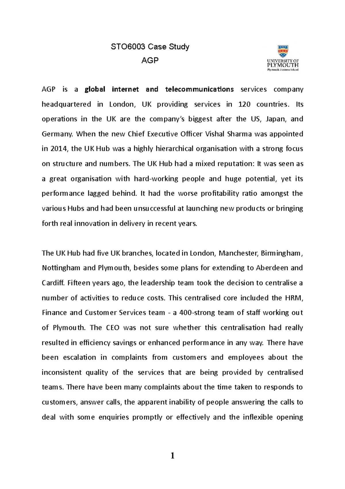 Case Study AGP (Analysed + Listing of Challenges) - STO6003 Case Study ...