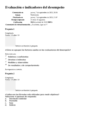 Evaluación e indicadores del desempeño Examen 2 Sem 4 - Evaluación e indicadores del desempeño 1 ...