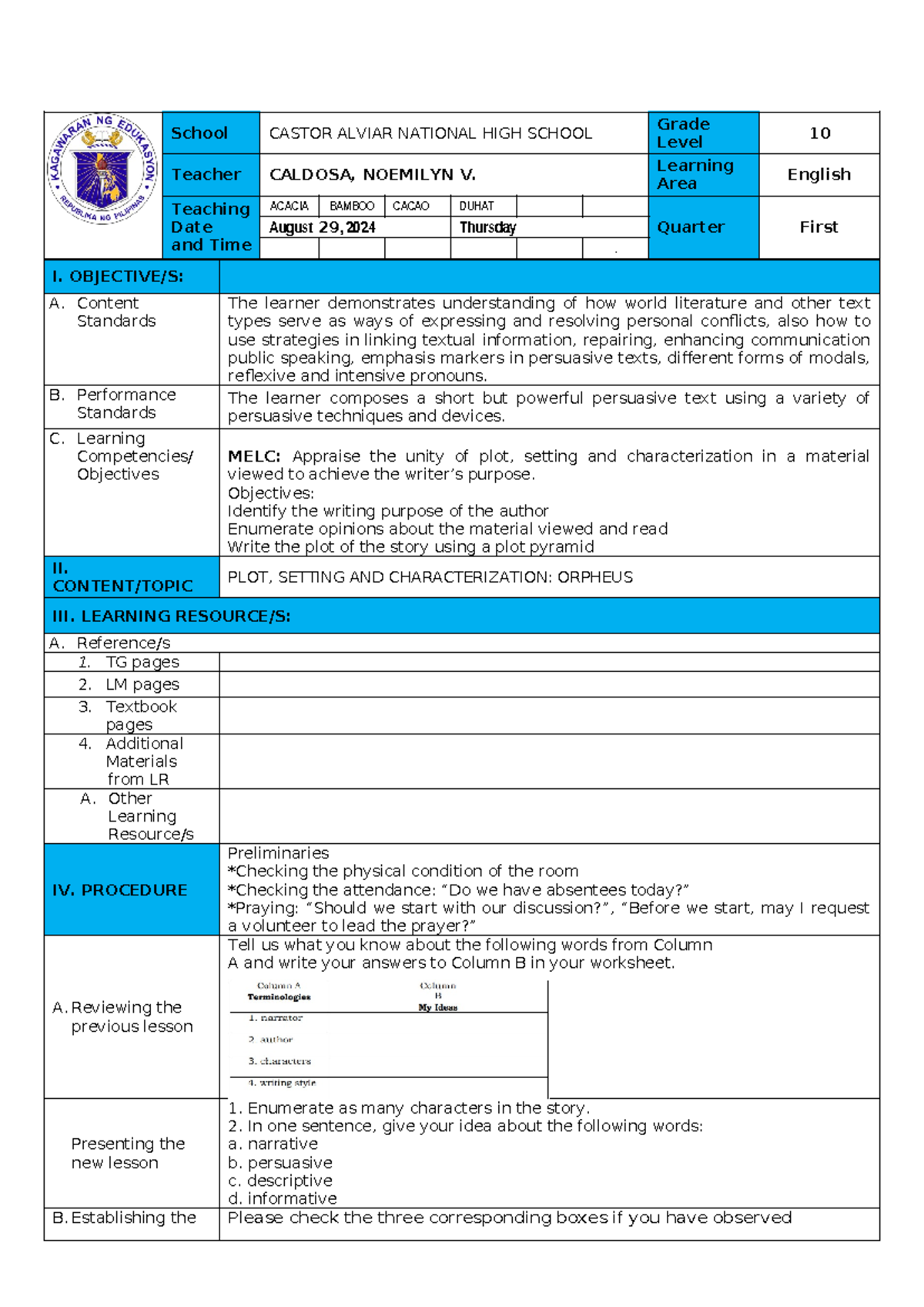Q1 ENG 10 DLL 08 29 2024 - Sample DLL in English 10 - School CASTOR ...