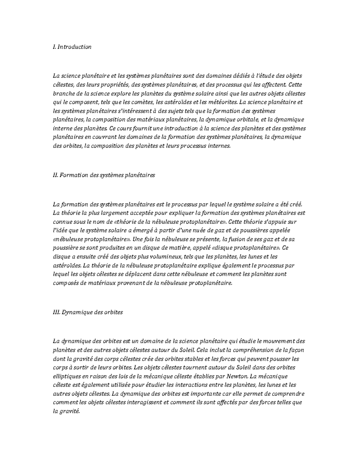 Planetary Science and Planetary Systems - I. Introduction La science ...