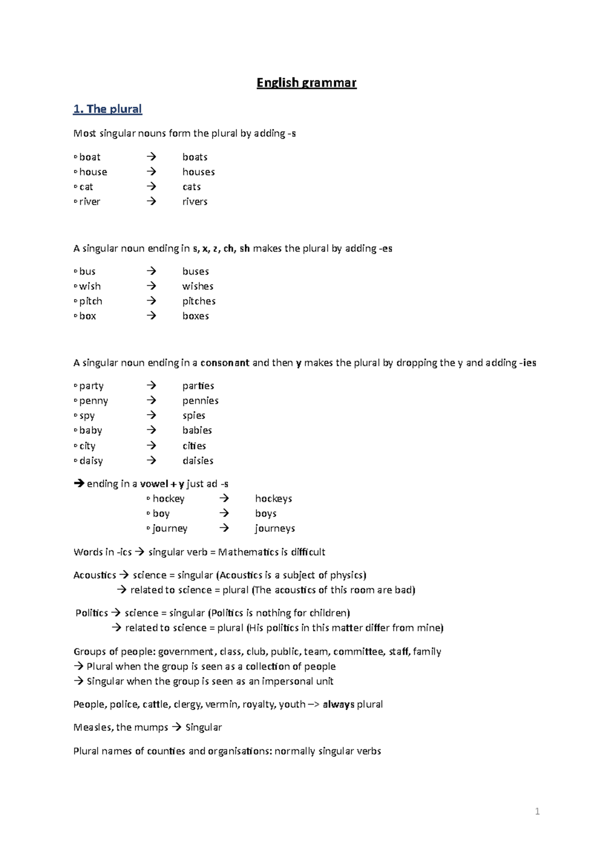 English grammar - Summary Engels I - English grammar 1. The plural Most ...