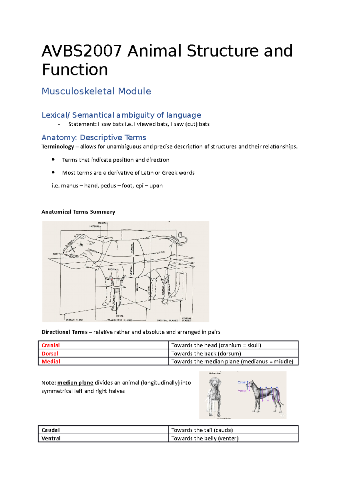 AVBS2007 Animal Structure and Function notes - AVBS2007 Animal ...