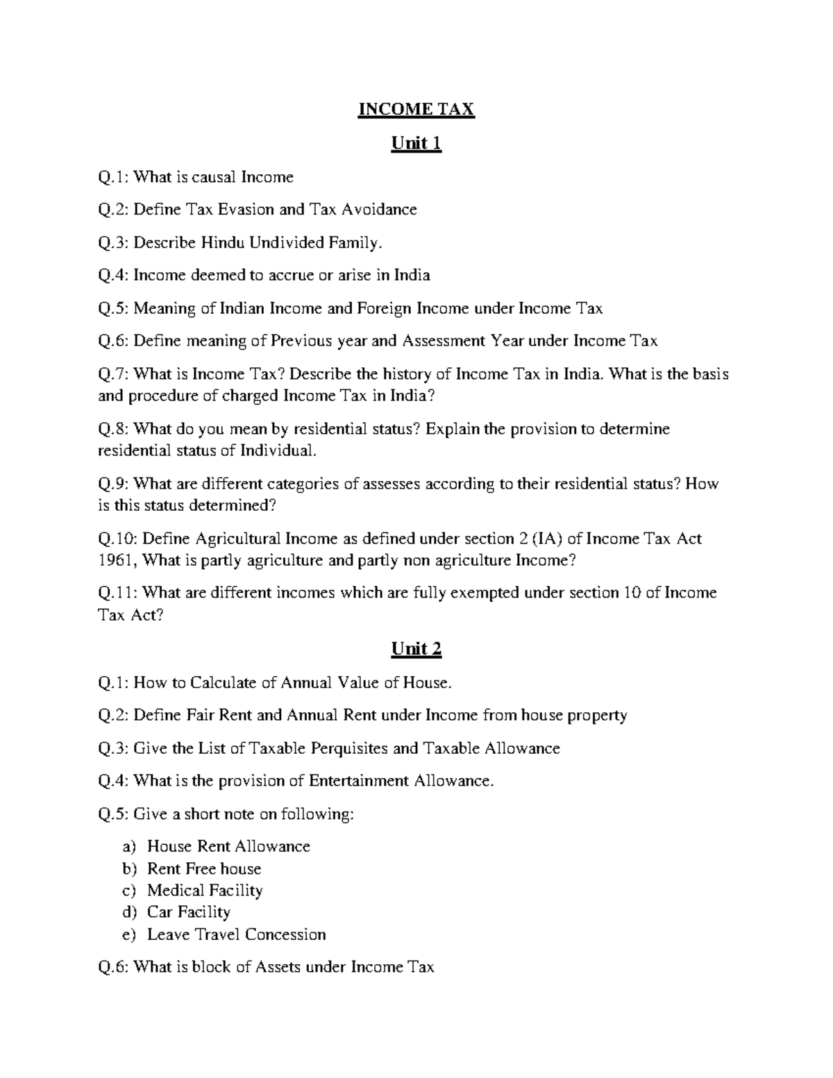 Important Questions - INCOME TAX Unit 1 Q: What is causal Income Q ...