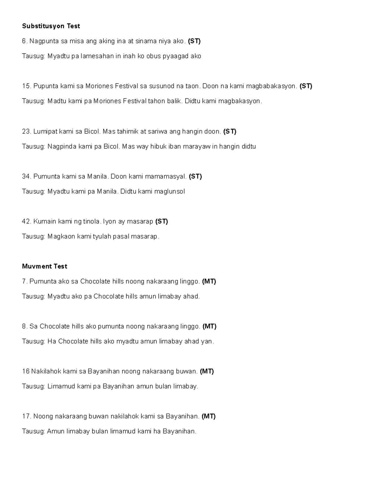 3 TEST (ST, MT, KT) - ooo - Substitusyon Test 6. Nagpunta sa misa ang ...