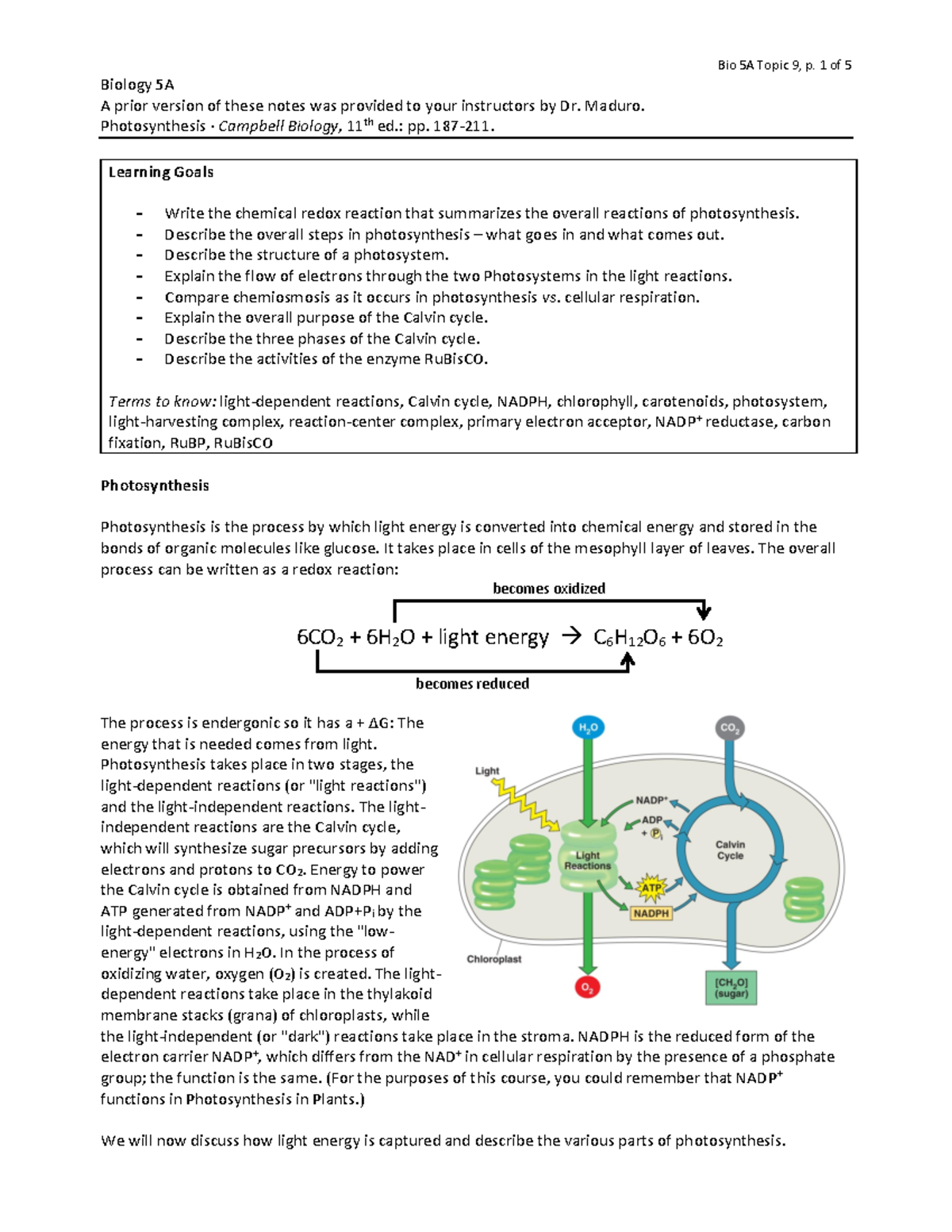Topic 9-Photosynthesis Dillman 19W - Biology 5A A prior version of ...