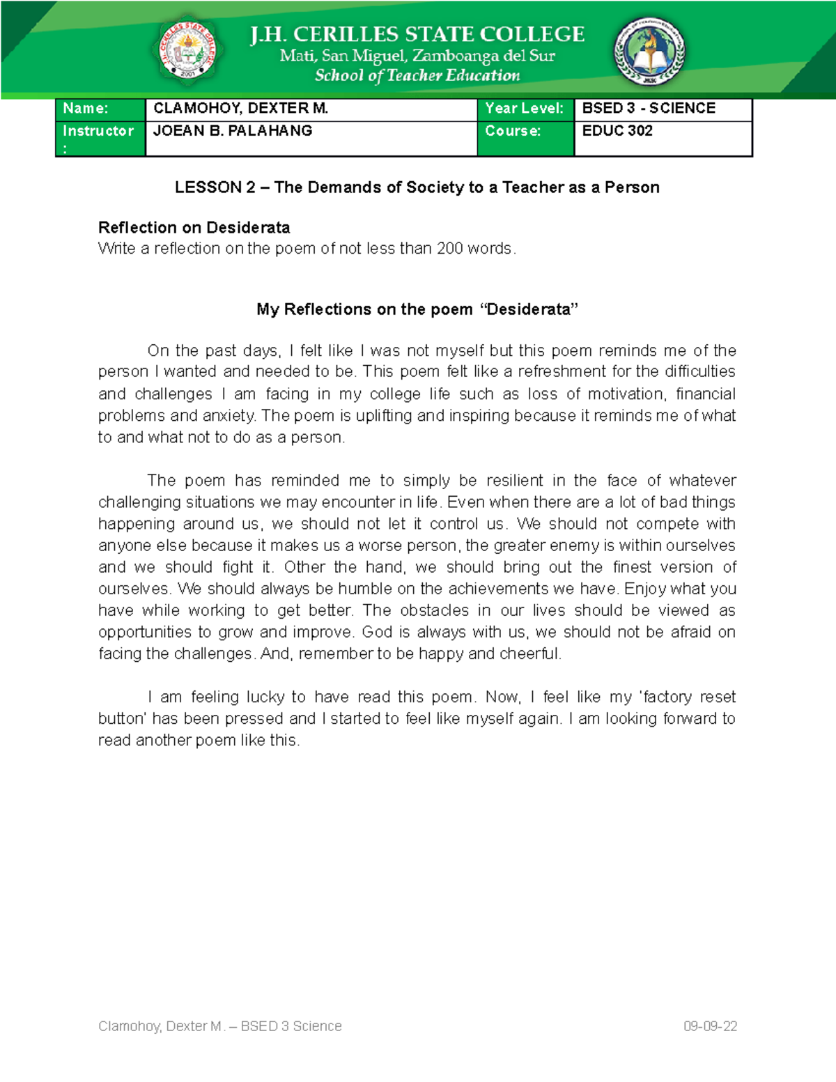 Reflection on Desiderata - Name: CLAMOHOY, DEXTER M. Year Level: BSED 3 ...