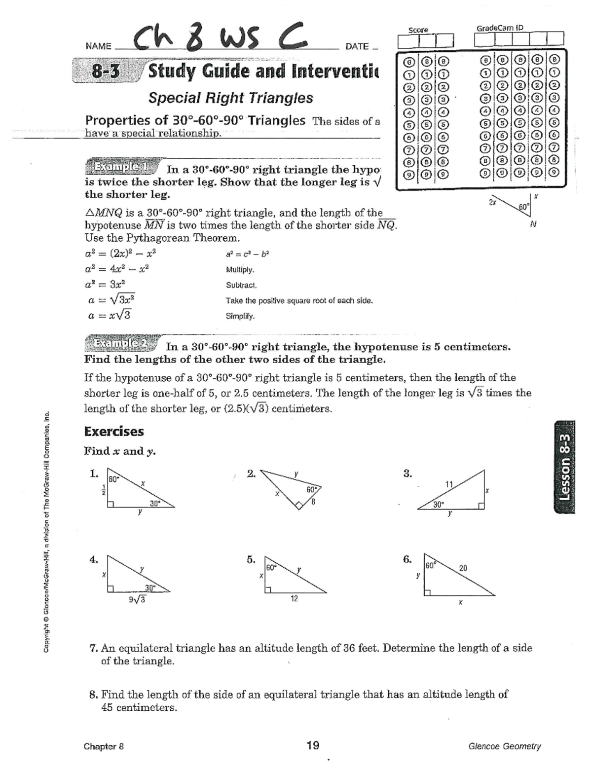 Ch 8 ws C - math - Ch 8 WS C Score GradeCam ID NAME DATE B 0 0 0 B 0 0 0 Study Guide and ...