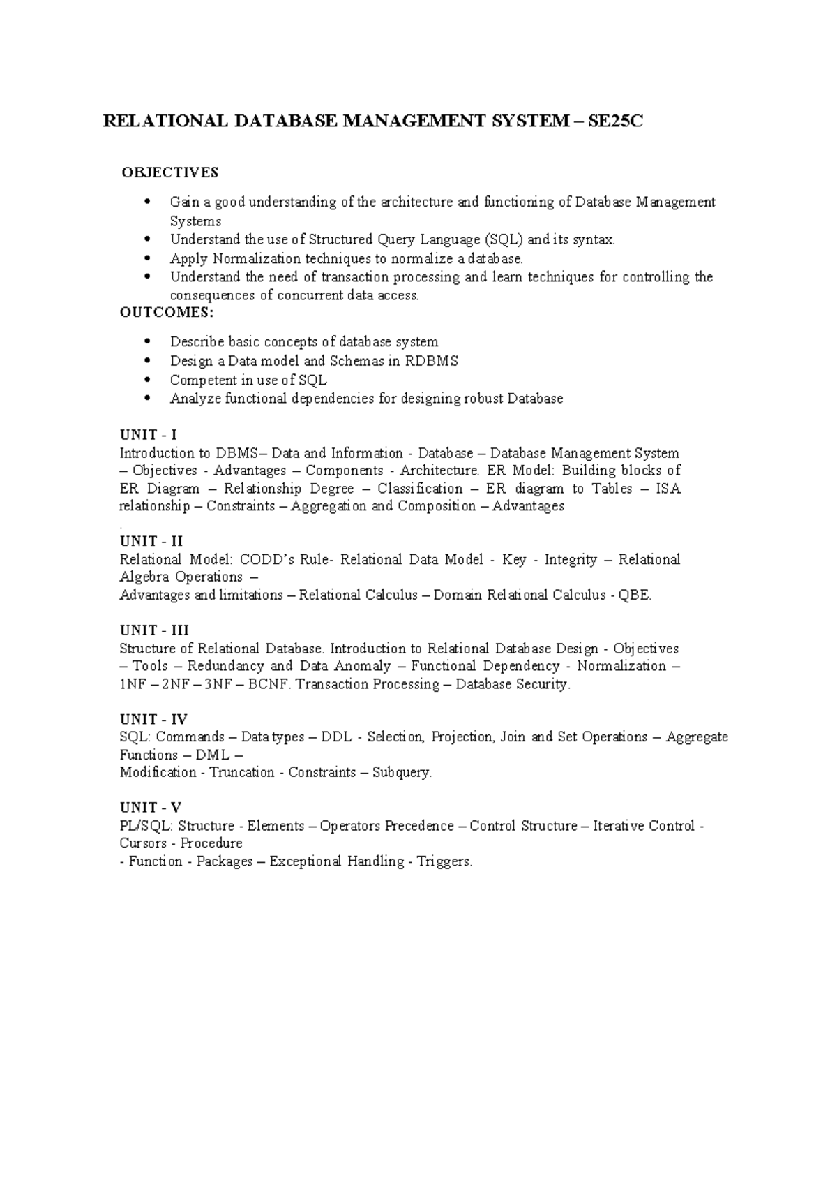 Relational Database Management System Syllabus Relational Database Management System Se25c