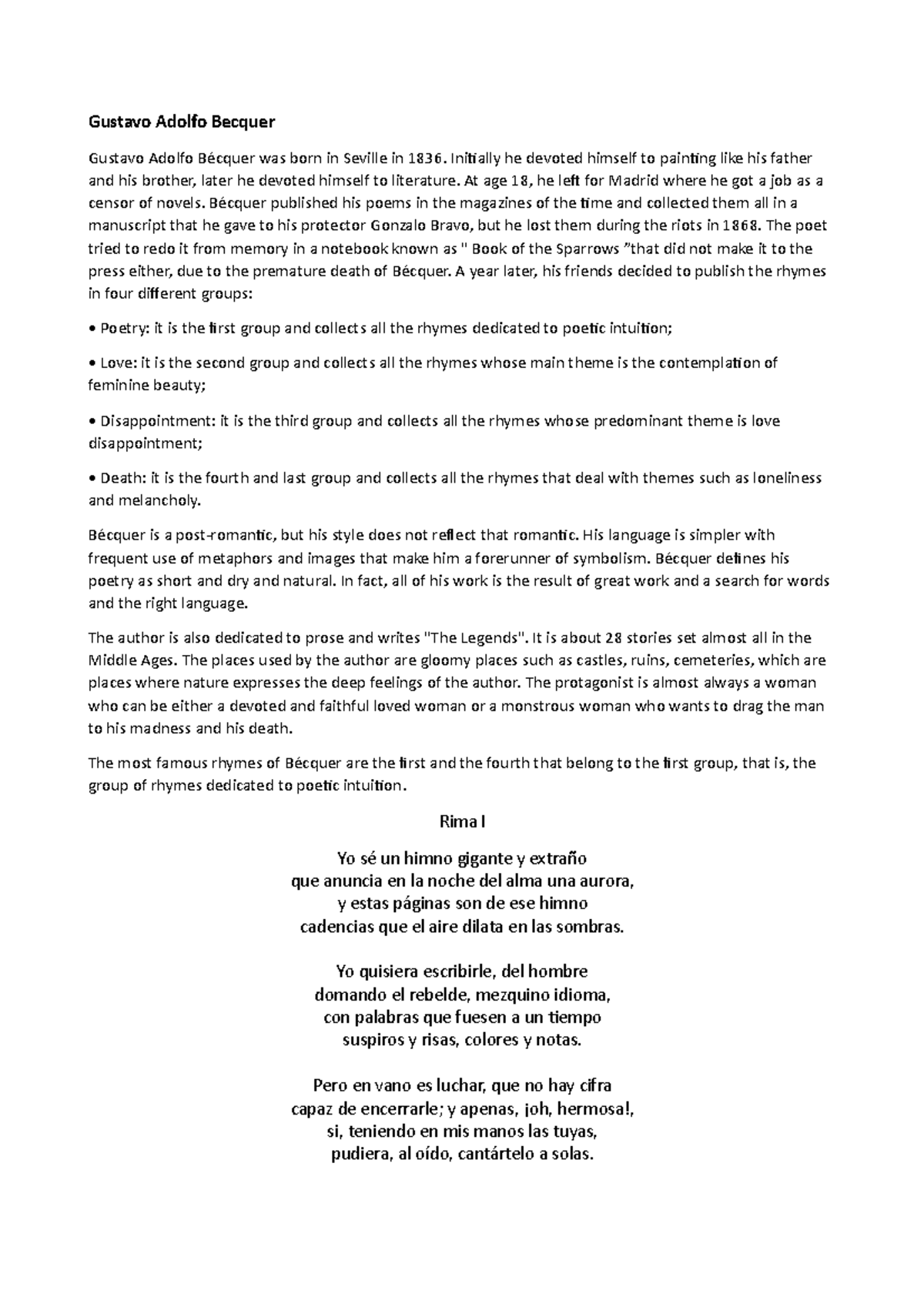 Gustavo Adolfo Becquer English summary and analysis of the most famous ...