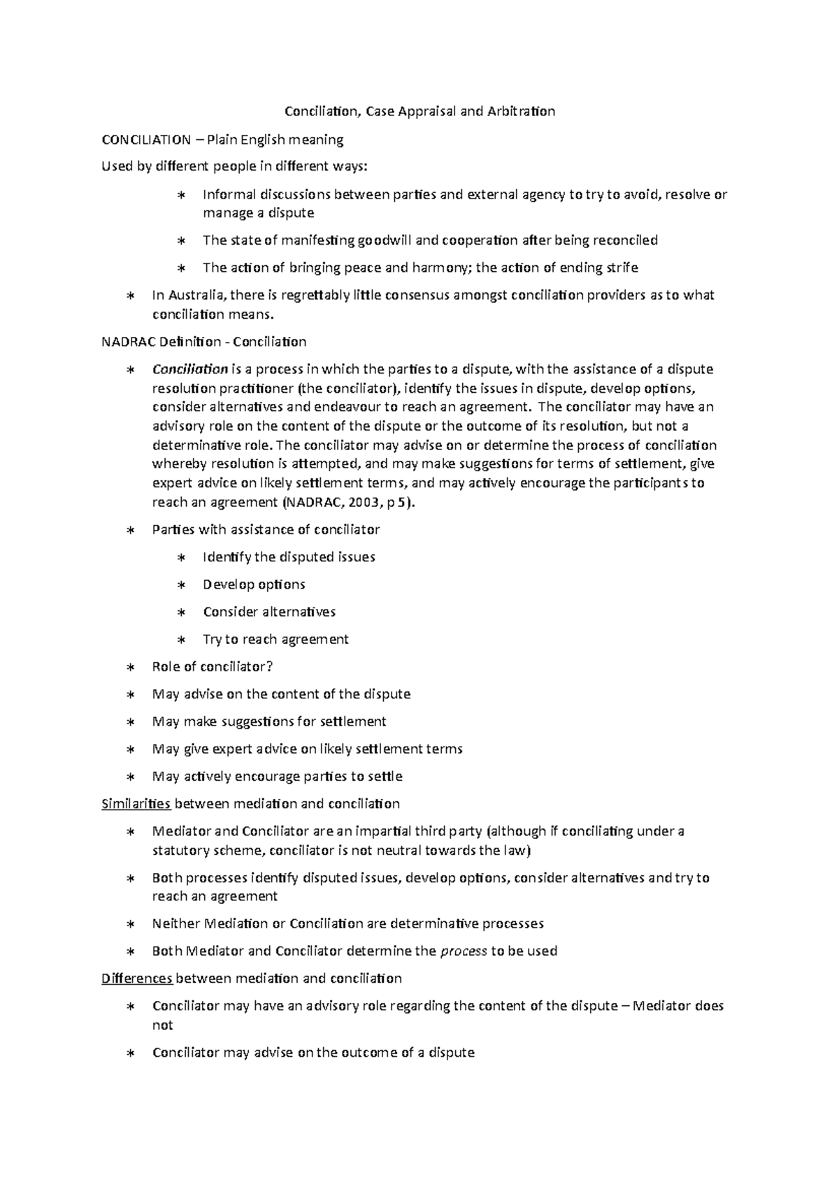 Conciliation - Lecture notes 4 - Conciliation, Case Appraisal and ...