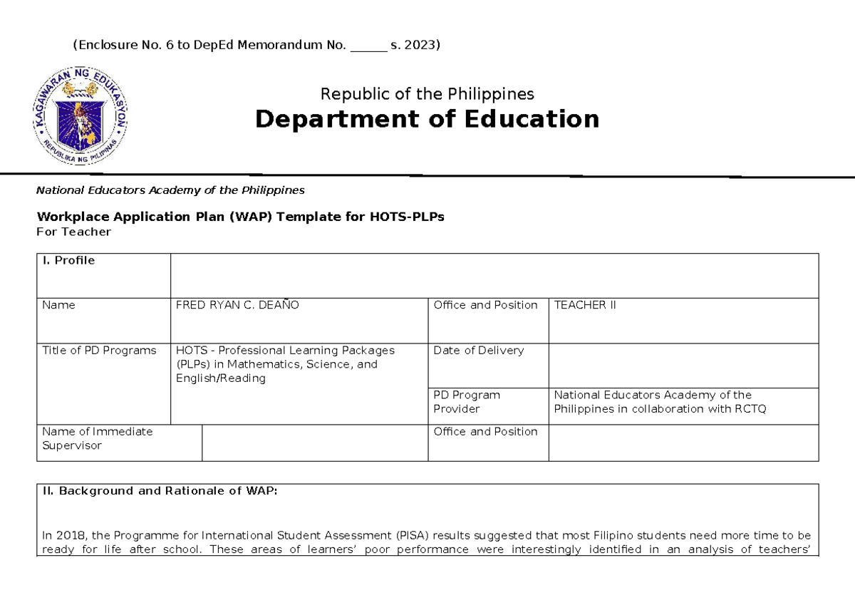 S5 Template WAP for Teachers - (Enclosure No. 6 to DepEd Memorandum No ...