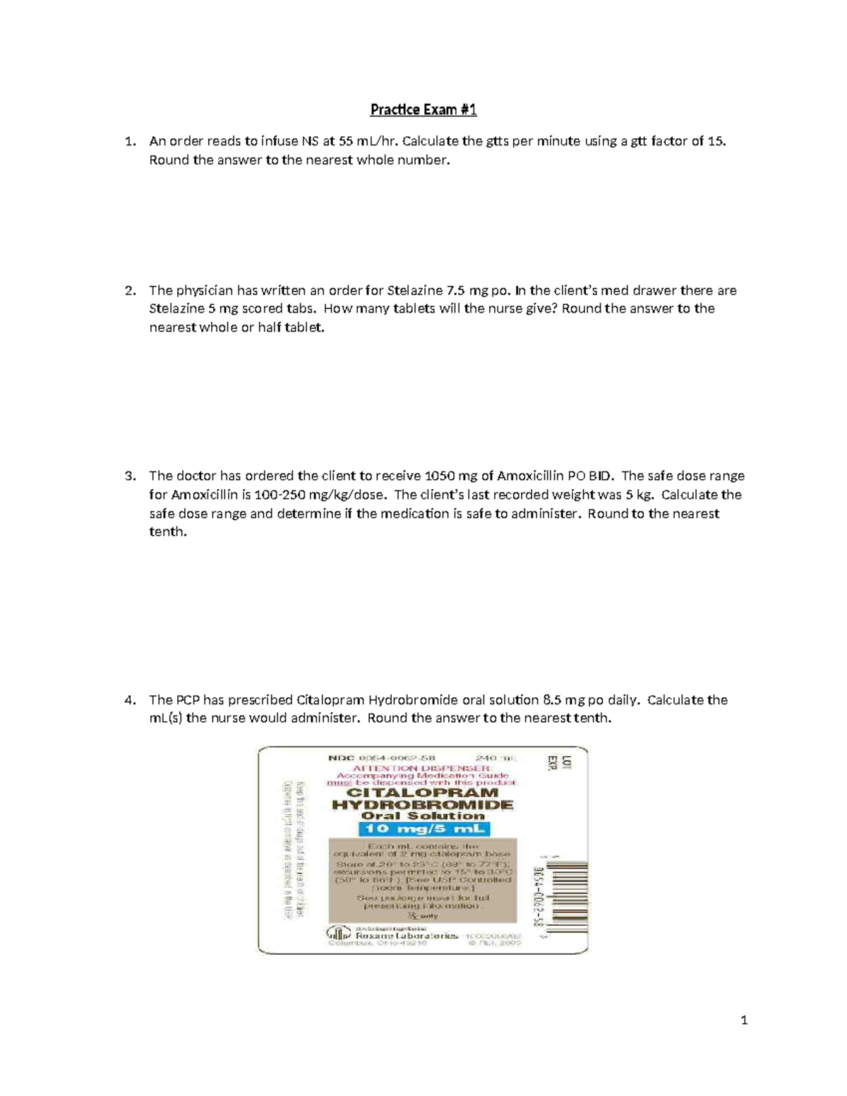 Practice Exam 1 - Calculate the gtts per minute using a gtt factor of ...