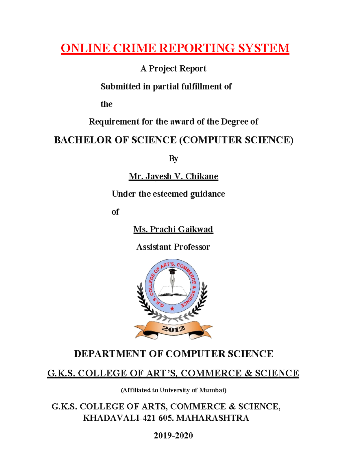 Zaika Doc - ONLINE CRIME REPORTING SYSTEM A Project Report Submitted in ...