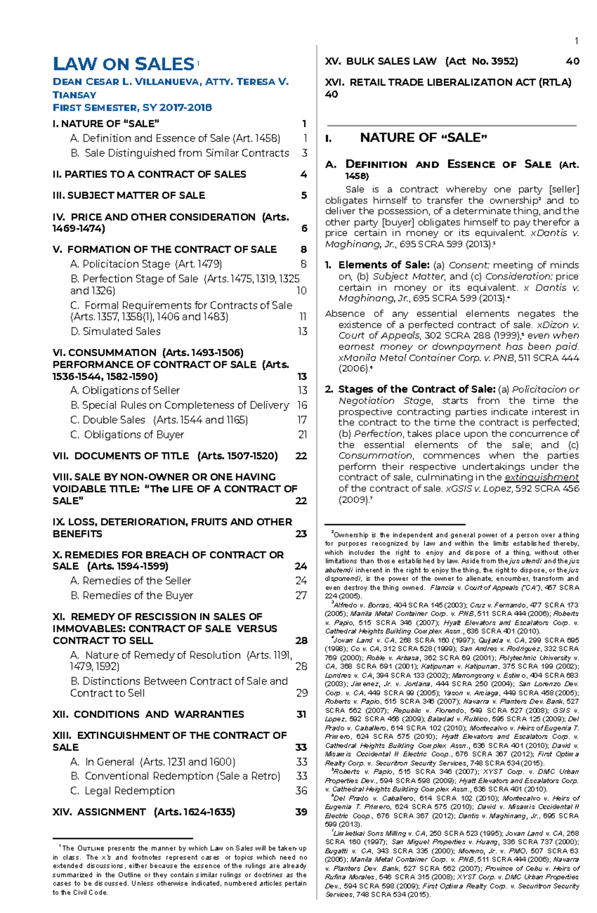 380199600 Law on Sales Outline by Villanueva - ####### 1 L AW ON S ALES ...