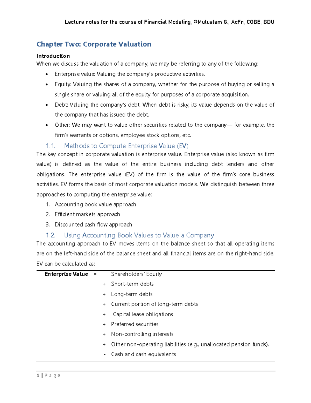 Lecture Notes-Financial Modeling (CH 2 & 3) - Chapter Two: Corporate ...